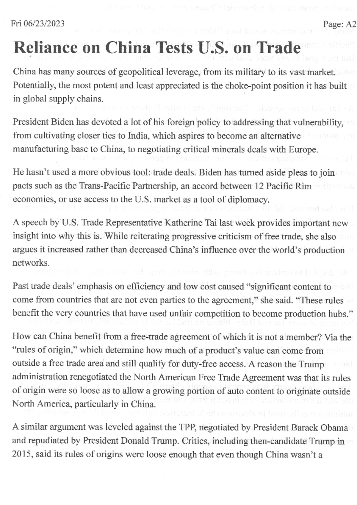 Reliance on China tests US on Trade WSJ 23june23 - Fri Page: A2 ...