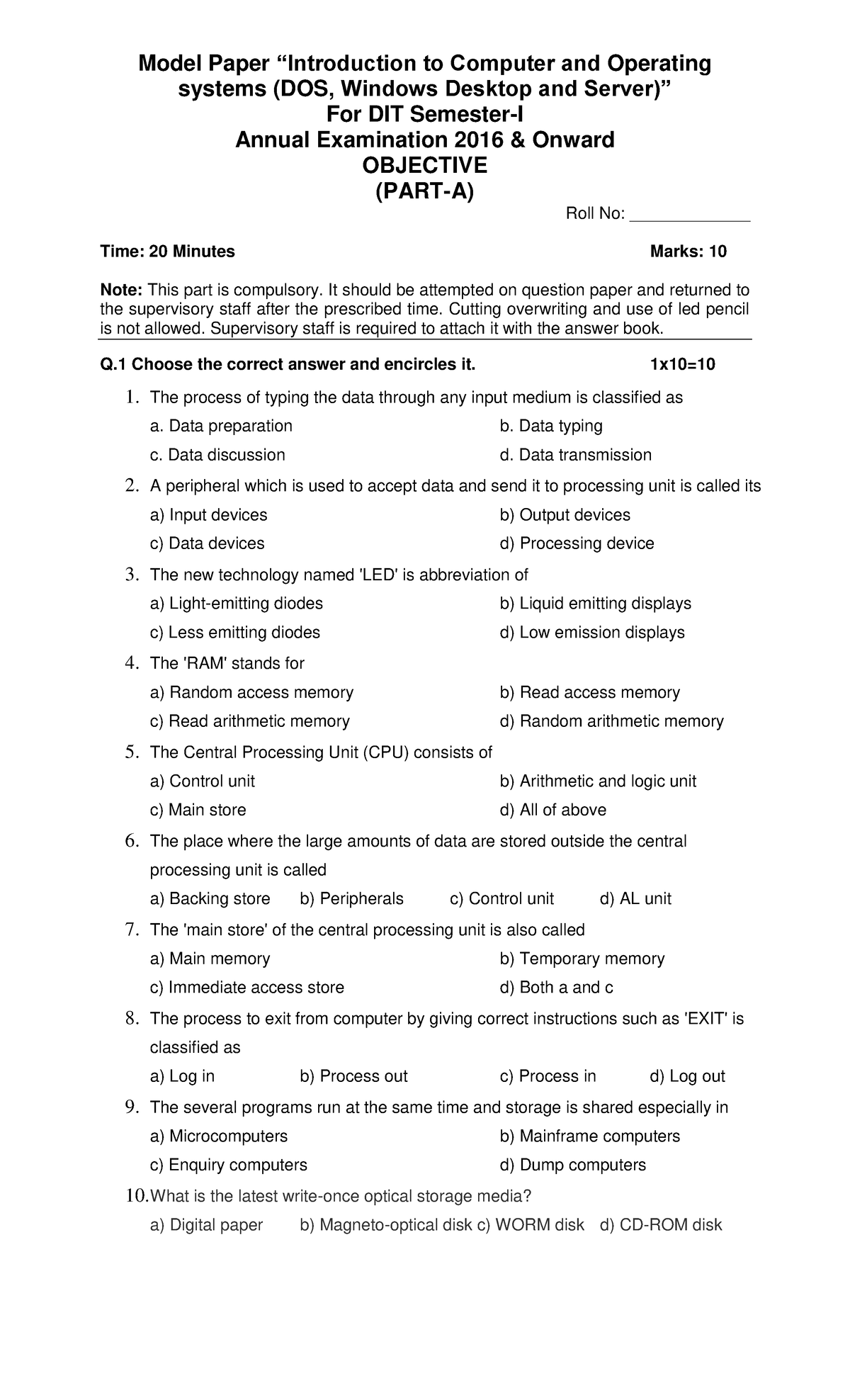 Introduction to Computer and Operating systems - Model Paper ...