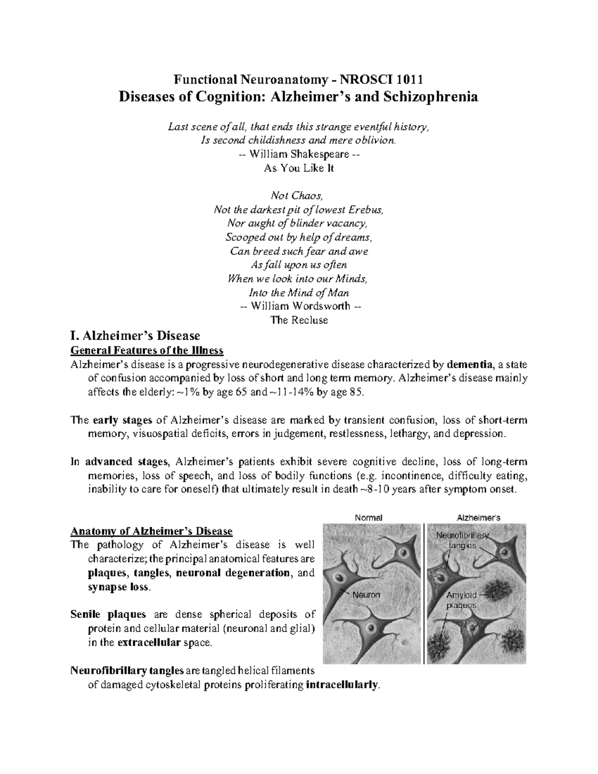Disease Alz Sch - Dr. Sesack - Functional Neuroanatomy - NROSCI 1011 ...