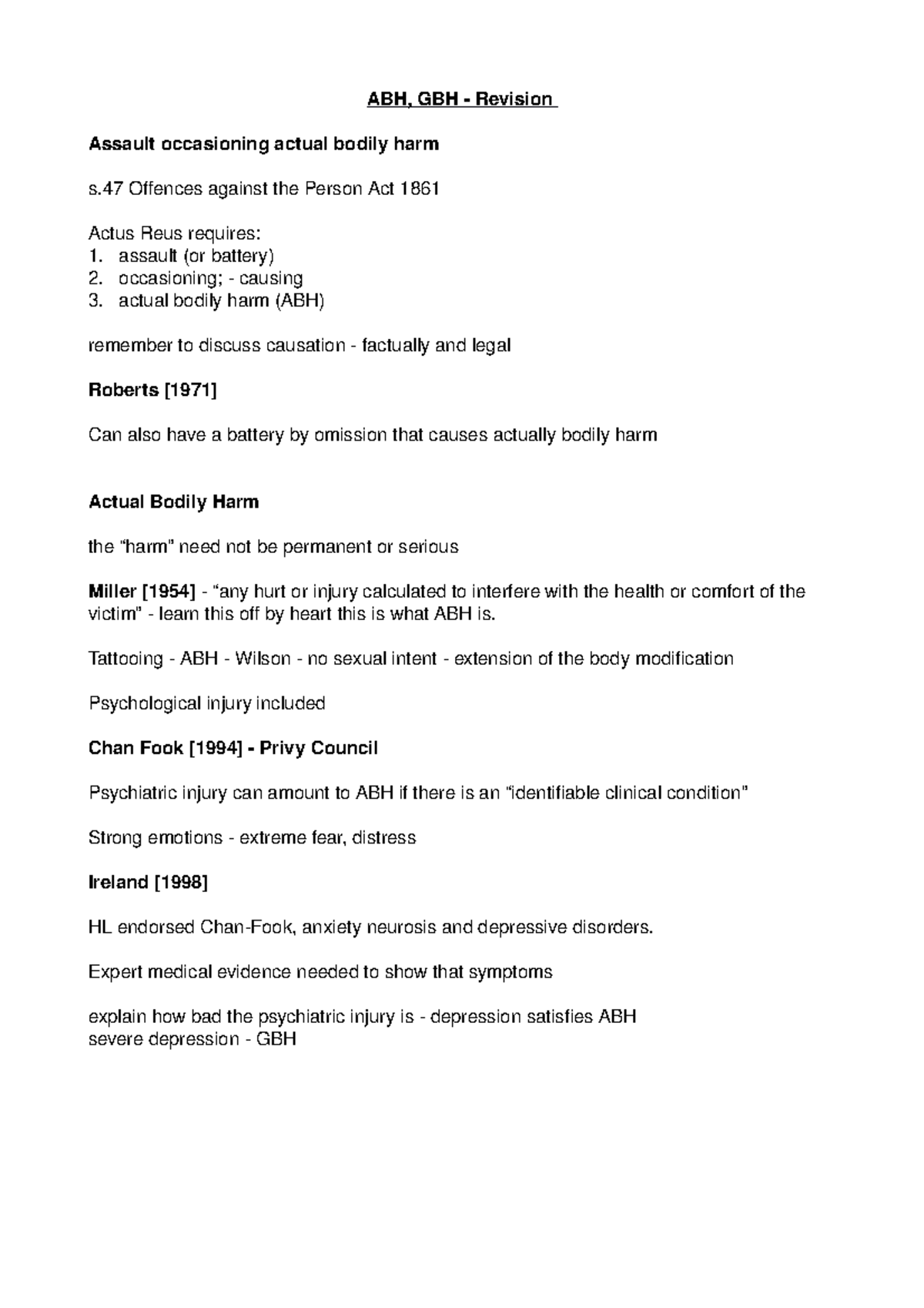 ABH & GBH - Revision - Lecture notes 1 - ABH, GBH Revision Assault ...