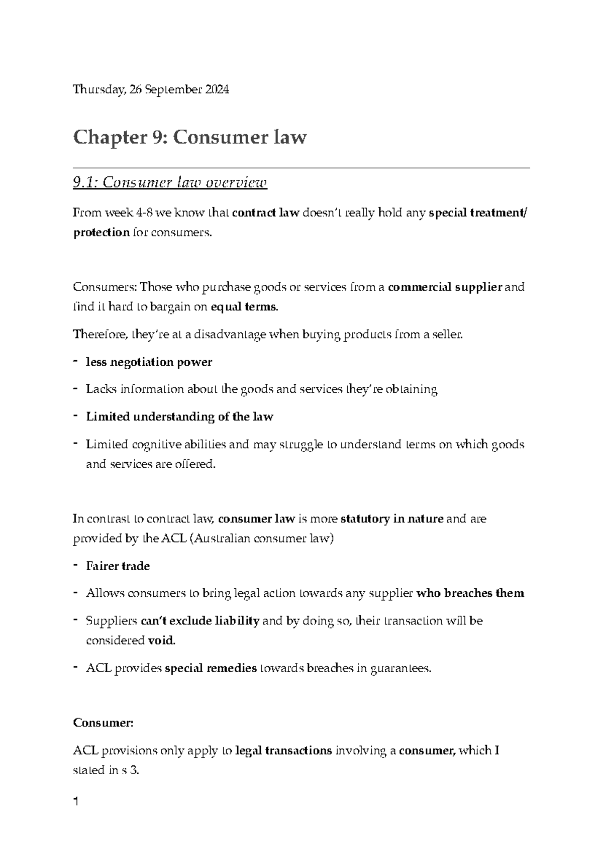 Chapter 9 - Consumer law notes 2024 - Thursday, 26 September 2024 ...