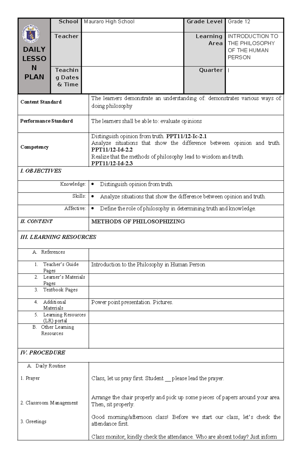 DLP Intro TO Philo 2 - DAILY LESSO N PLAN School Mauraro High School ...