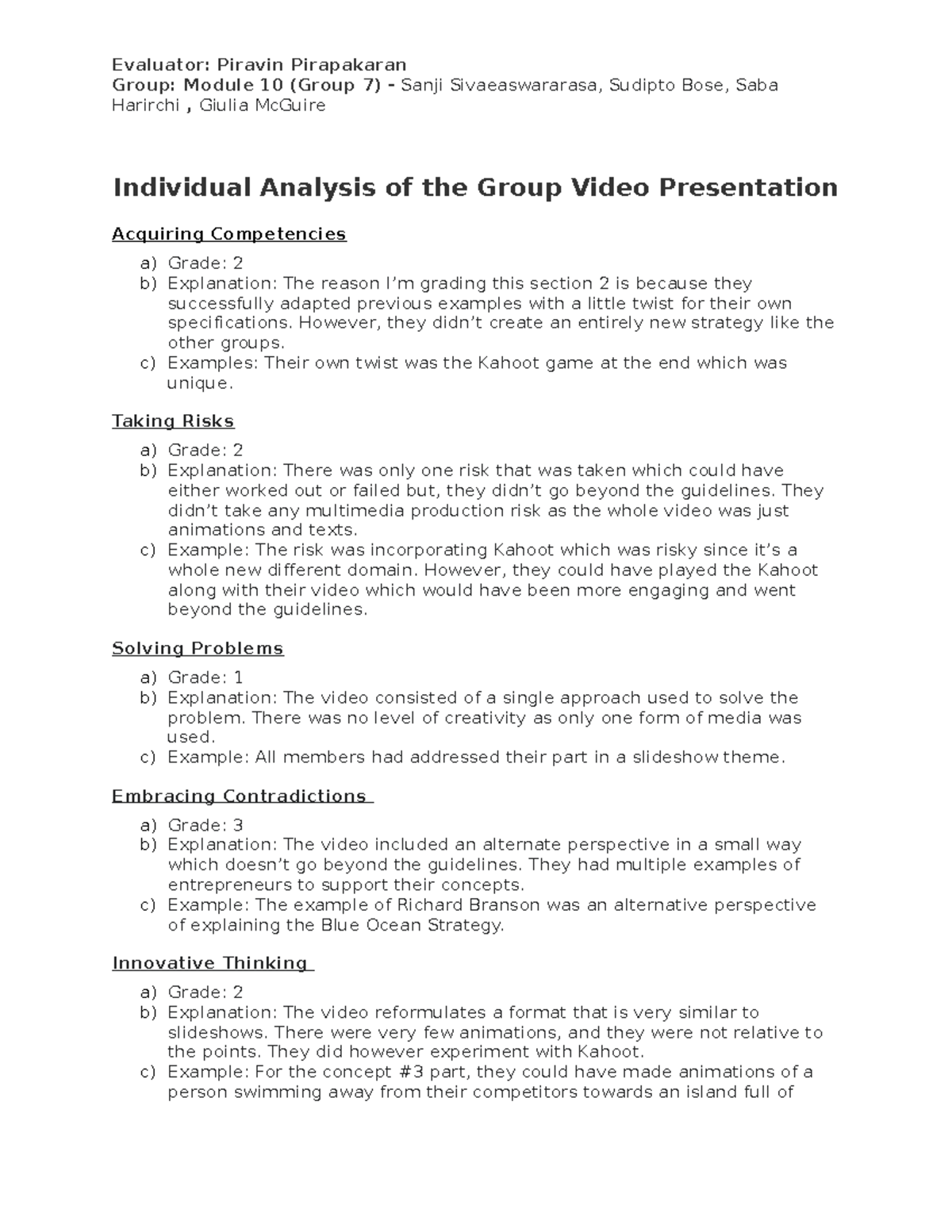 Individual Analysis of the Group Video Presentation - Evaluator ...