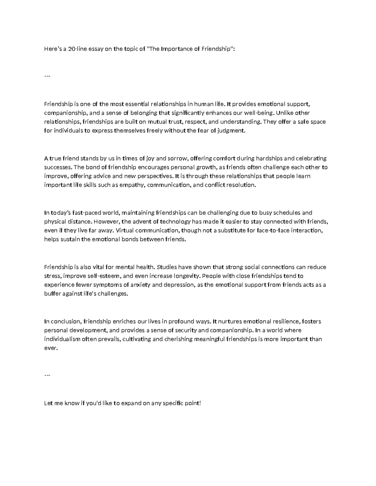 1 - Here’s a 20-line essay on the topic of "The Importance of ...