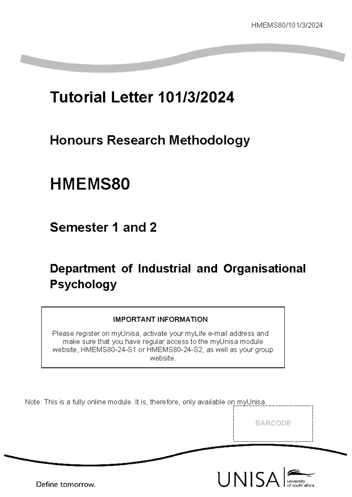 Hmems 80 101 3 2024 B - Tutorial Letter 101/ 3 / 2024 Honours Research Methodology HMEMS ...