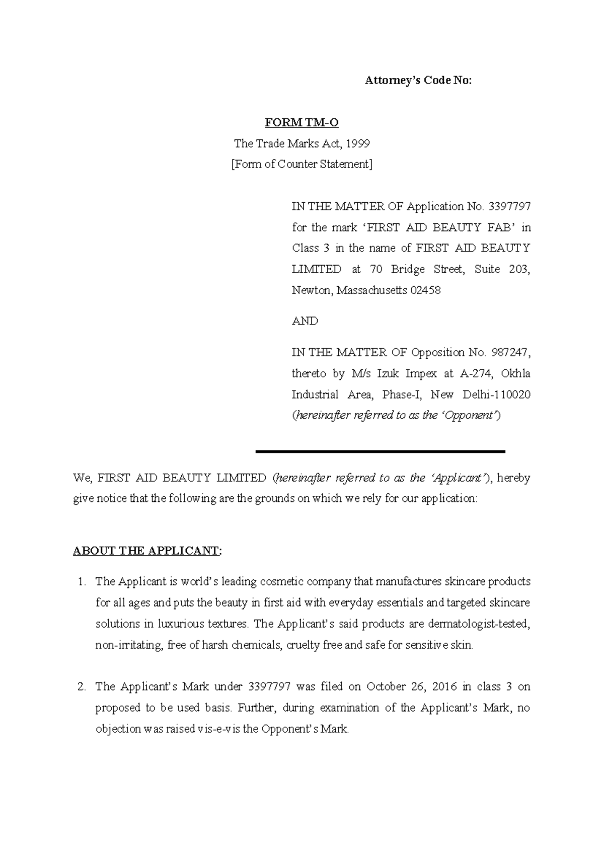638020824 First AID Beauty FAB Counter Statement - Attorney’s Code No ...