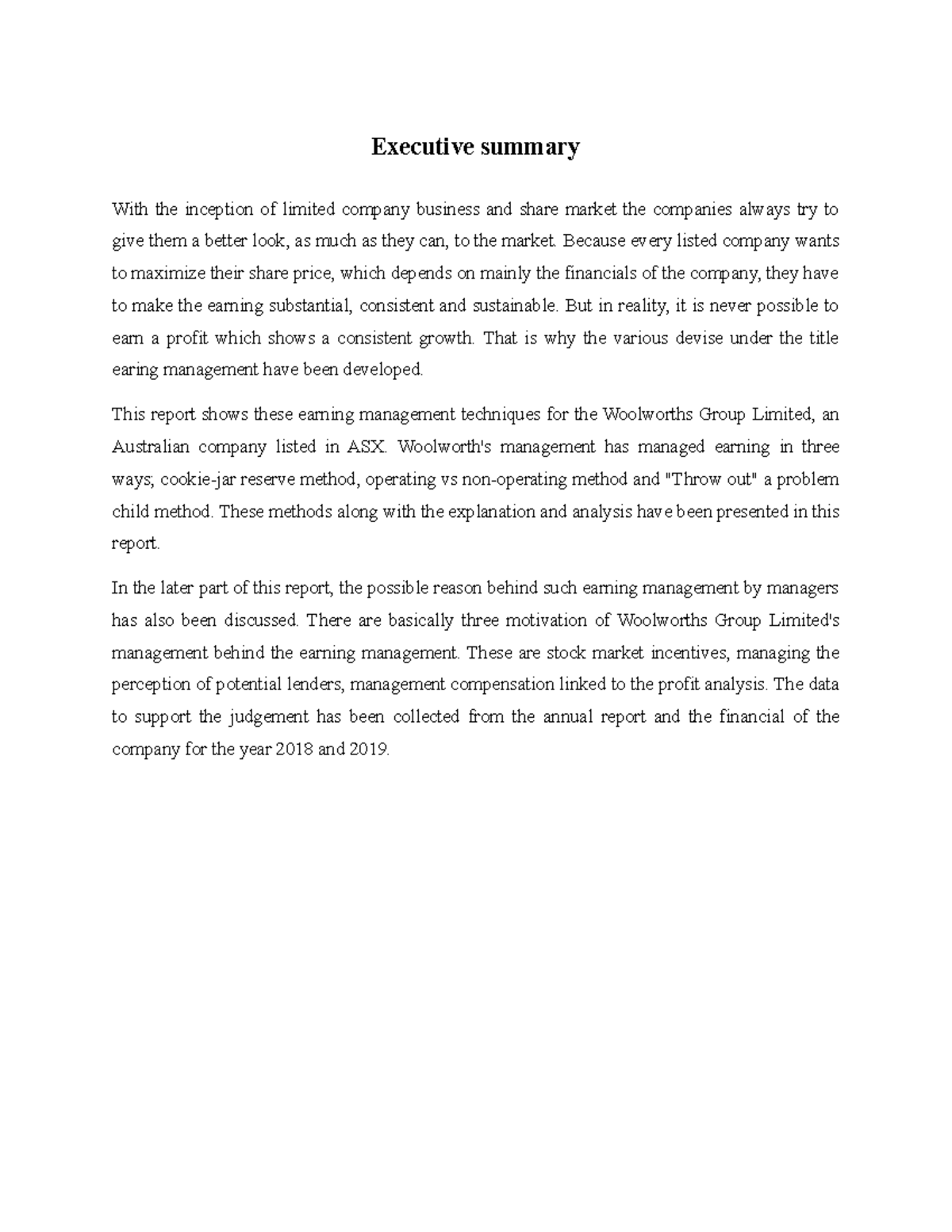 Earning Management - Executive summary With the inception of limited ...