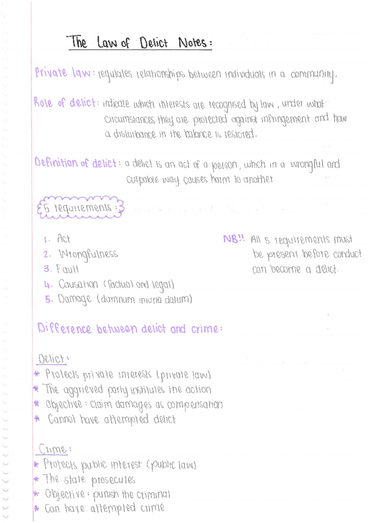 Law Of Delict - Complete Summary Handwritten Notes - PVL3703 - Studocu