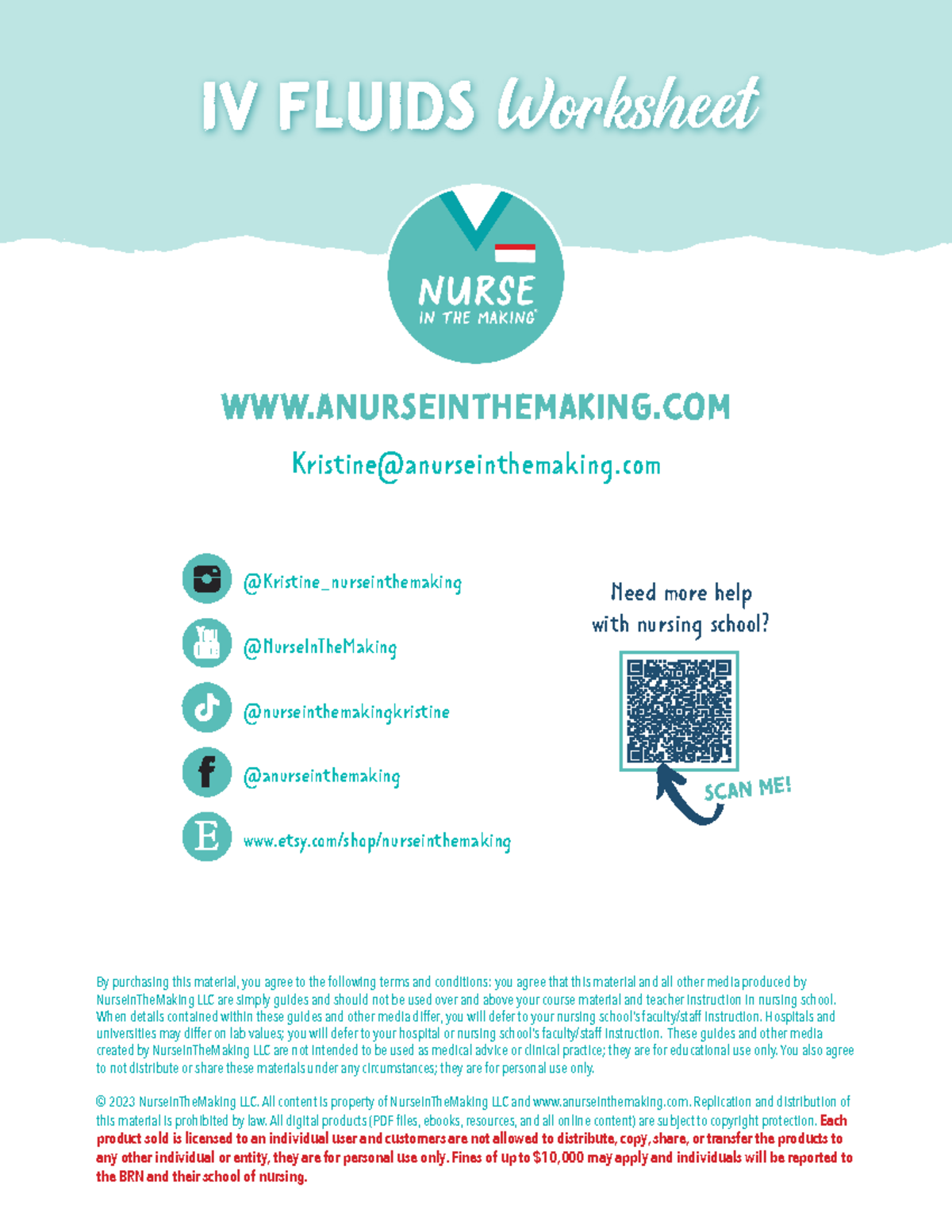 NITM FREE IV Fluids Worksheet - By purchasing this material, you agree to the following terms ...