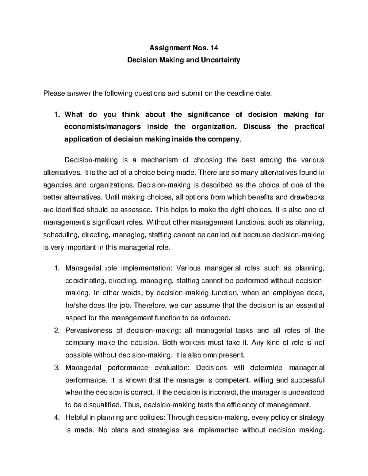 Assignment Nos. 14 Decision Making and Uncertainty DALG - Assignment ...