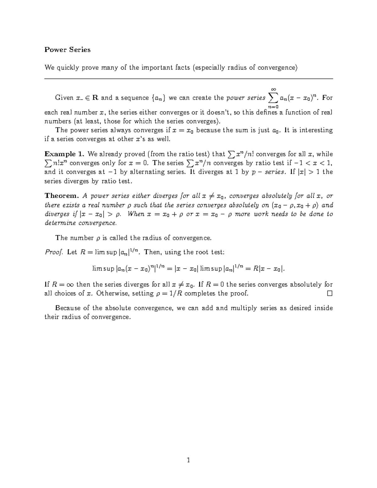 22 Power Series - Power Series We quickly prove many of the important ...