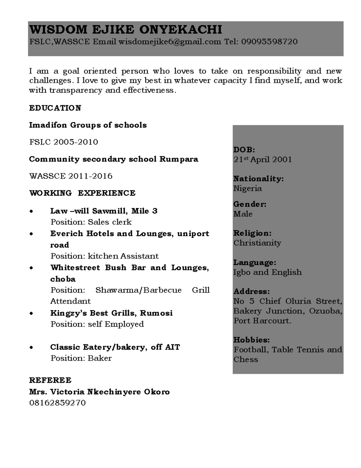 CV - How to create a good cv - WISDOM EJIKE ONYEKACHI FSLC,WASSCE Email ...