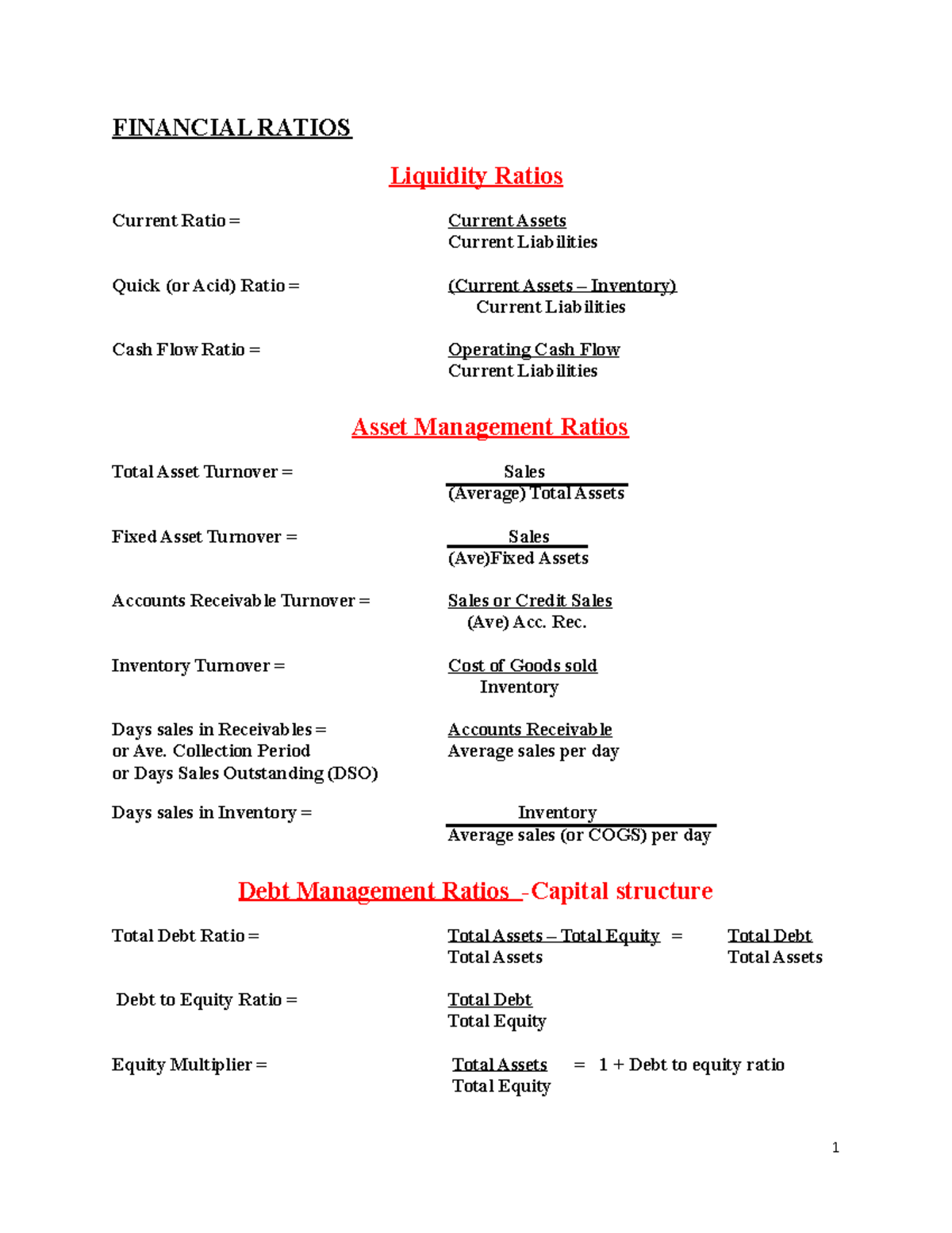 Financial Ratios Revised - FINANCIAL RATIOS Liquidity Ratios Current ...