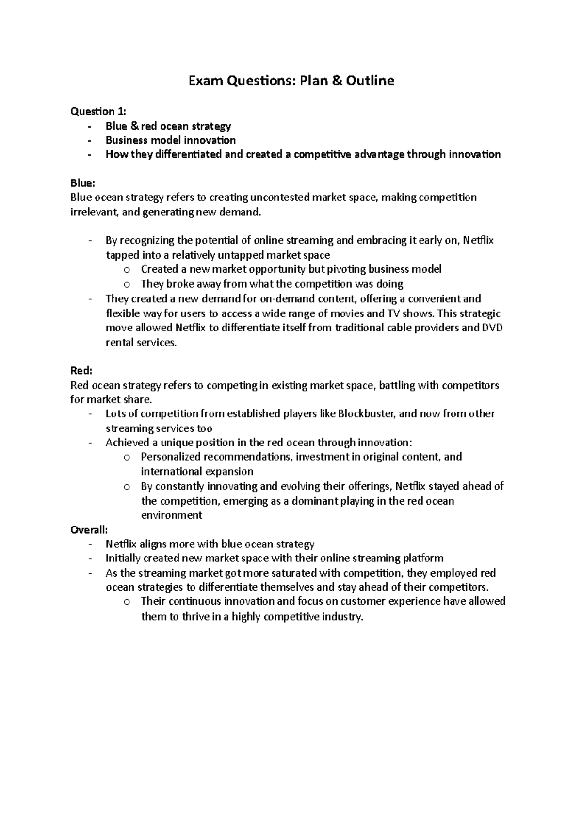 Final Exam questions and outline of answers - Exam Questions: Plan ...