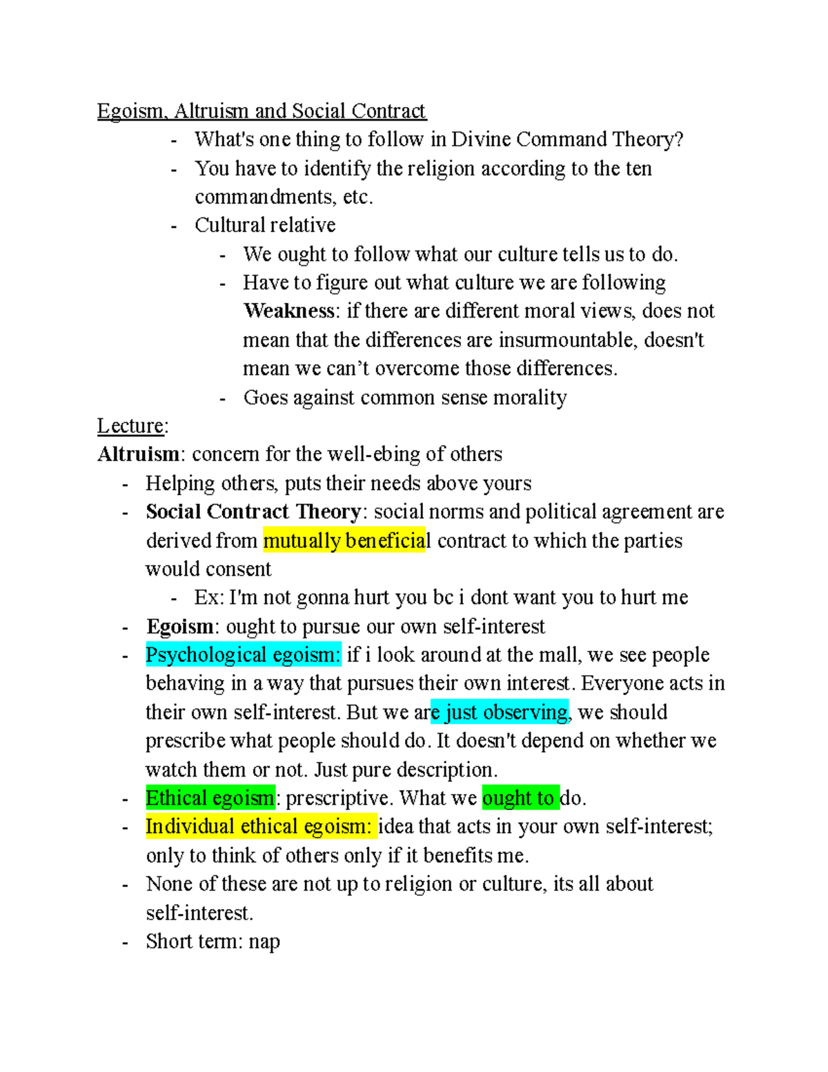 Egoism, Alturism and Social Contract - Cultural relative - We ought to ...