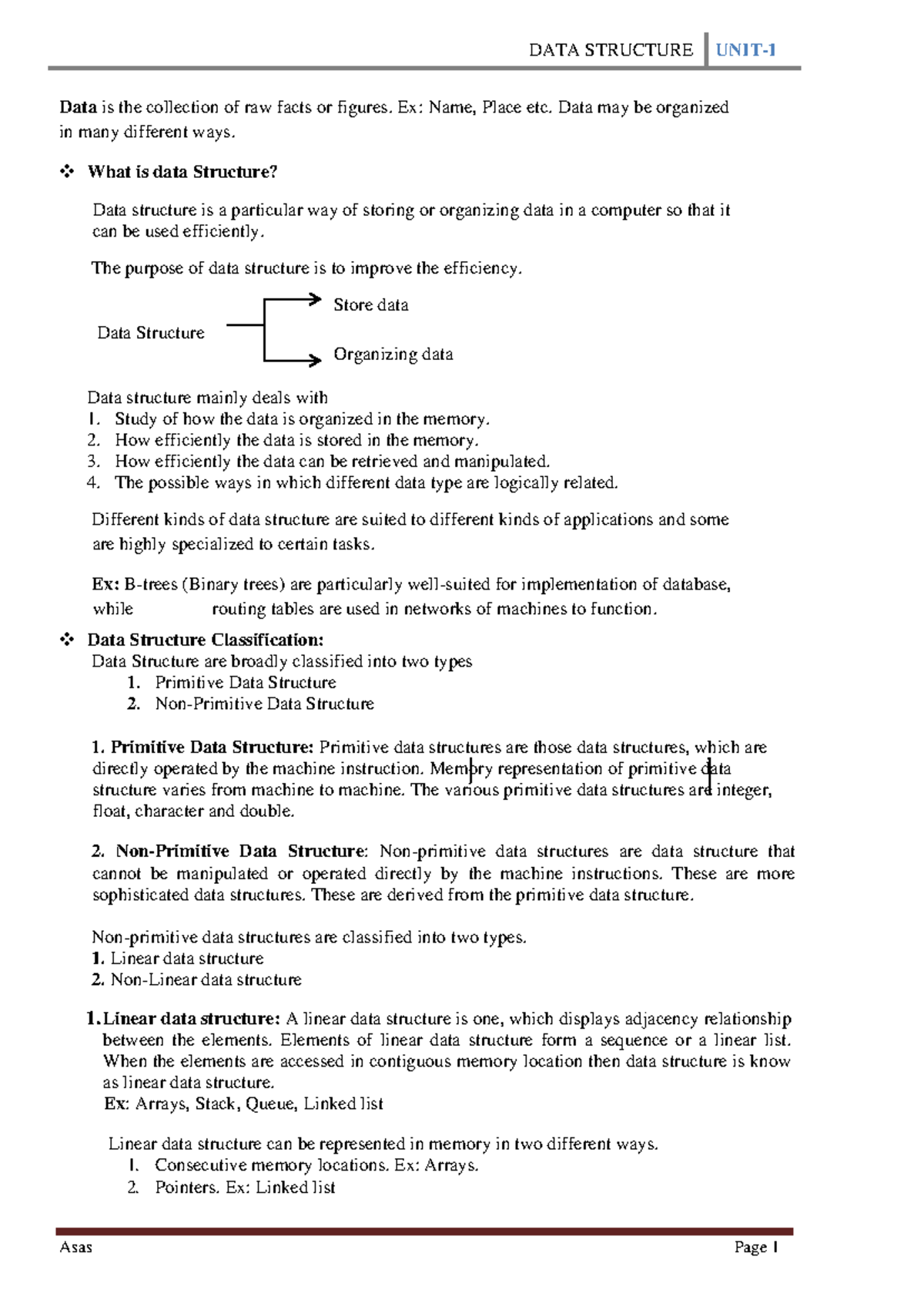 Unit-1 DS notes(Bsc PMCs) - Data is the collection of raw facts or ...