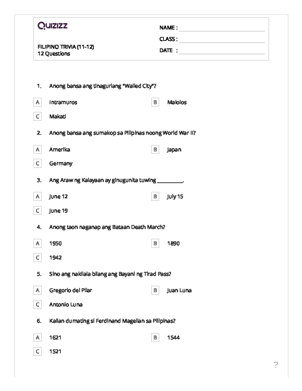 Filipino- Trivia- Reviewer 5 - FILIPINO 12 Questions TRIVIA (11-12 ...