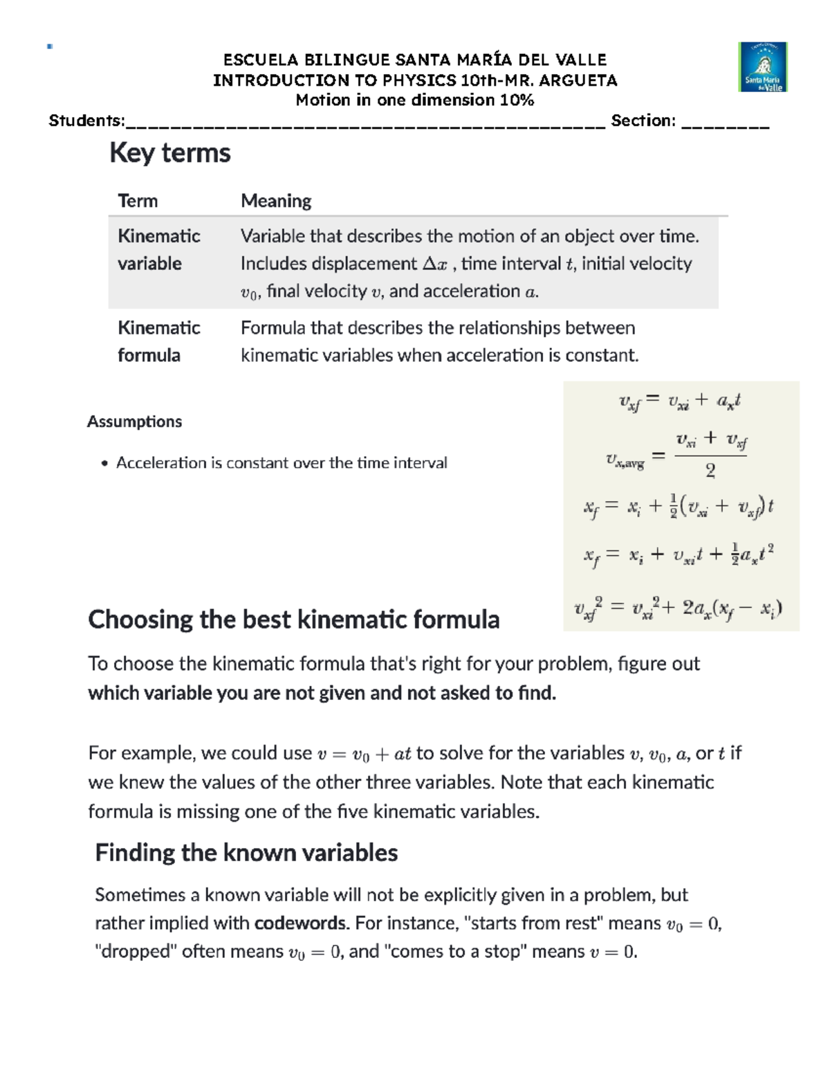 Motion in 1D - word problem solving - ESCUELA BILINGUE SANTA MARÍA DEL ...