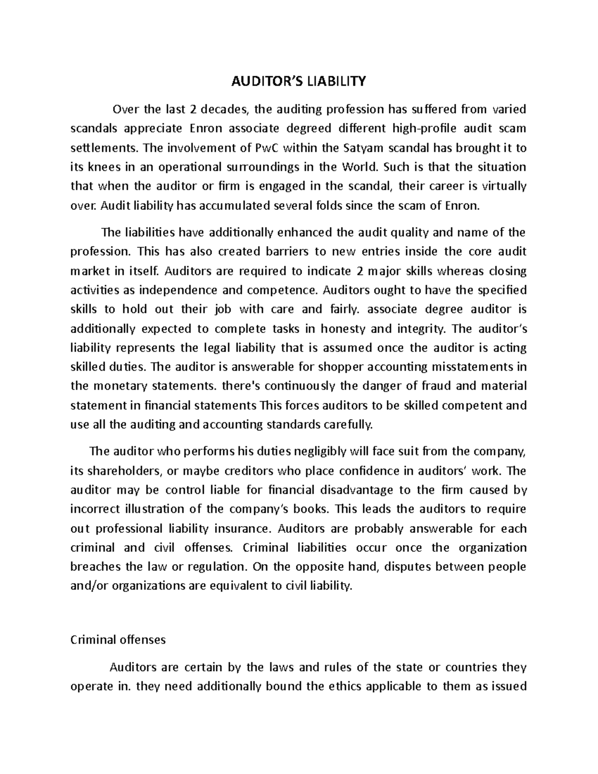 Auditor’S Liability - AUDITOR’S LIABILITY Over the last 2 decades, the ...