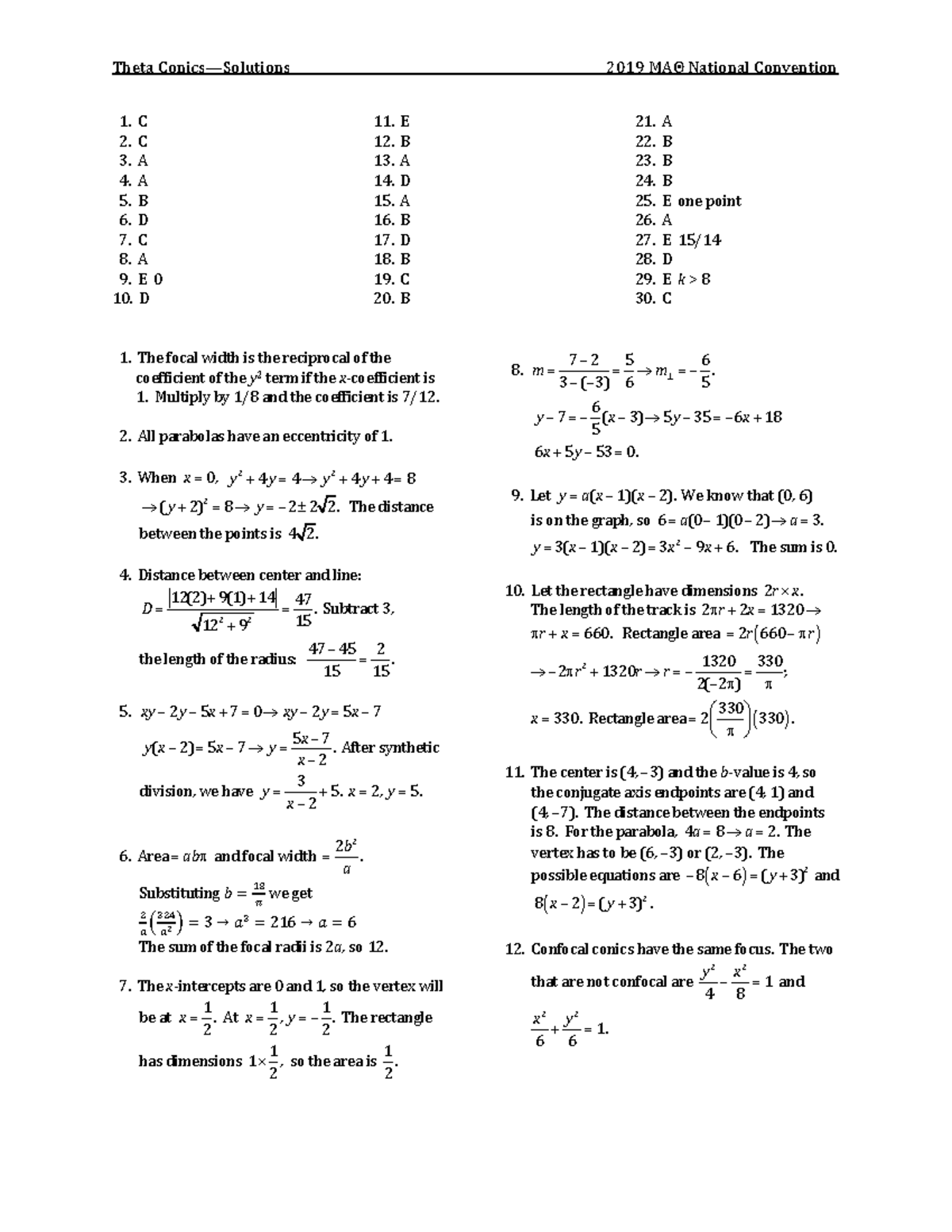 Answer Key 2019 Math National Convention - 1. C 2. C 3. A 4. A 5. B 6 ...