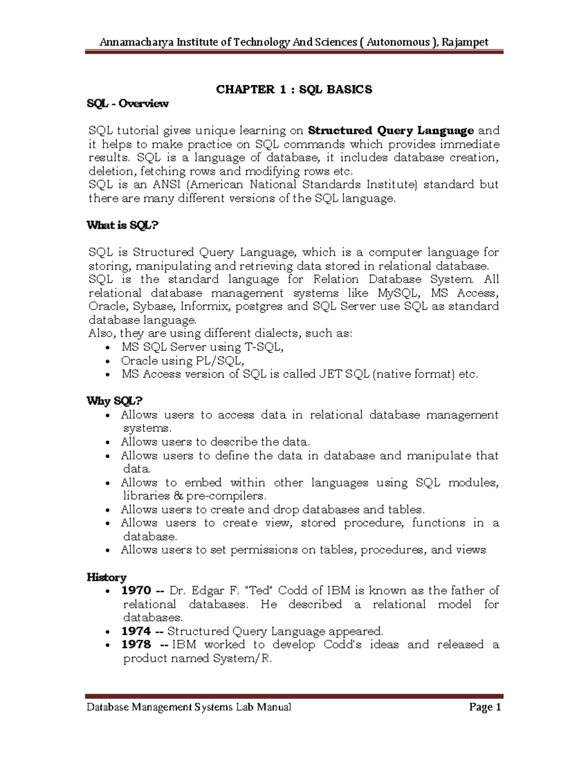 DBMS - dbms meterial - CHAPTER 1 : SQL BASICS SQL - Overview SQL tutorial gives unique learning ...