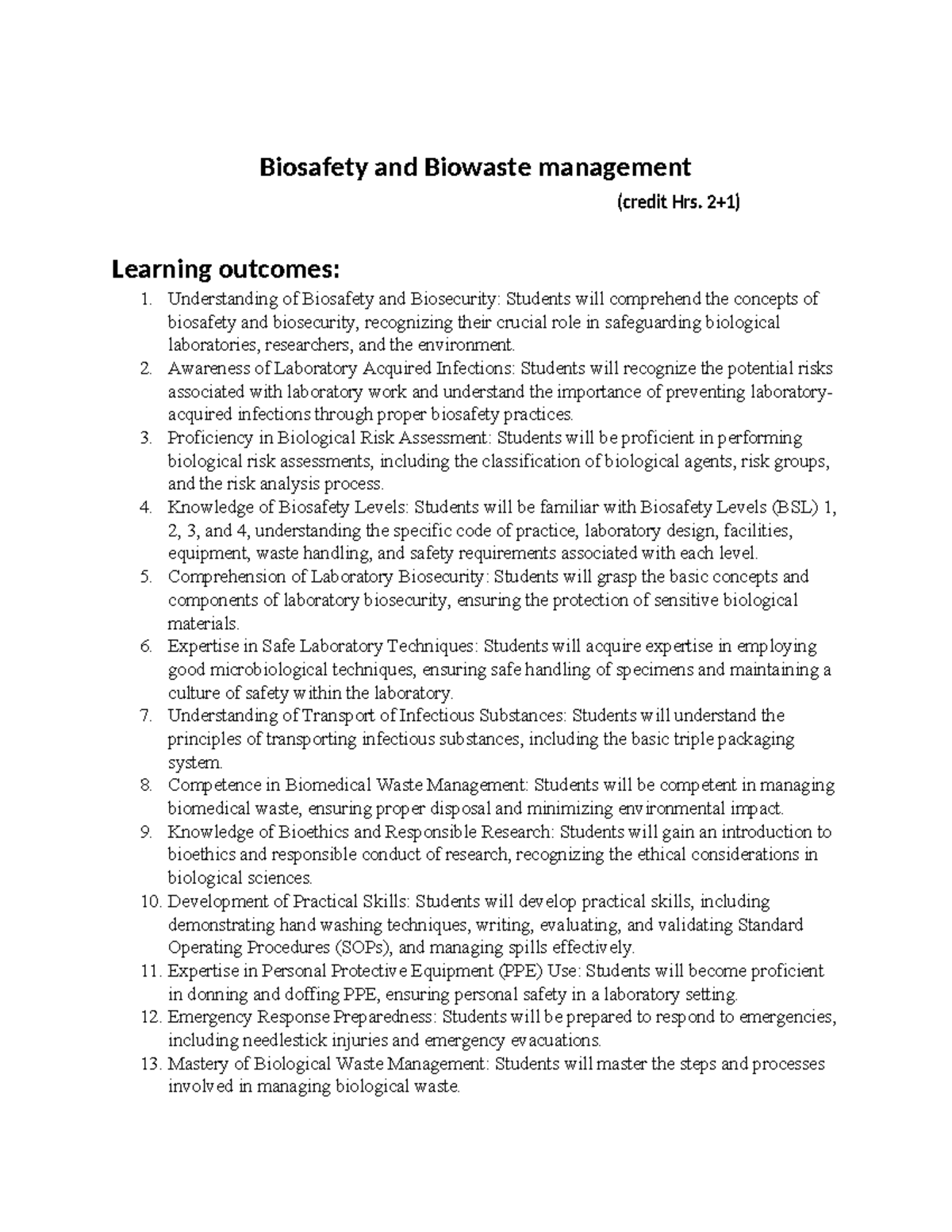 Biosafety and biowaste managment course content - Biosafety and ...