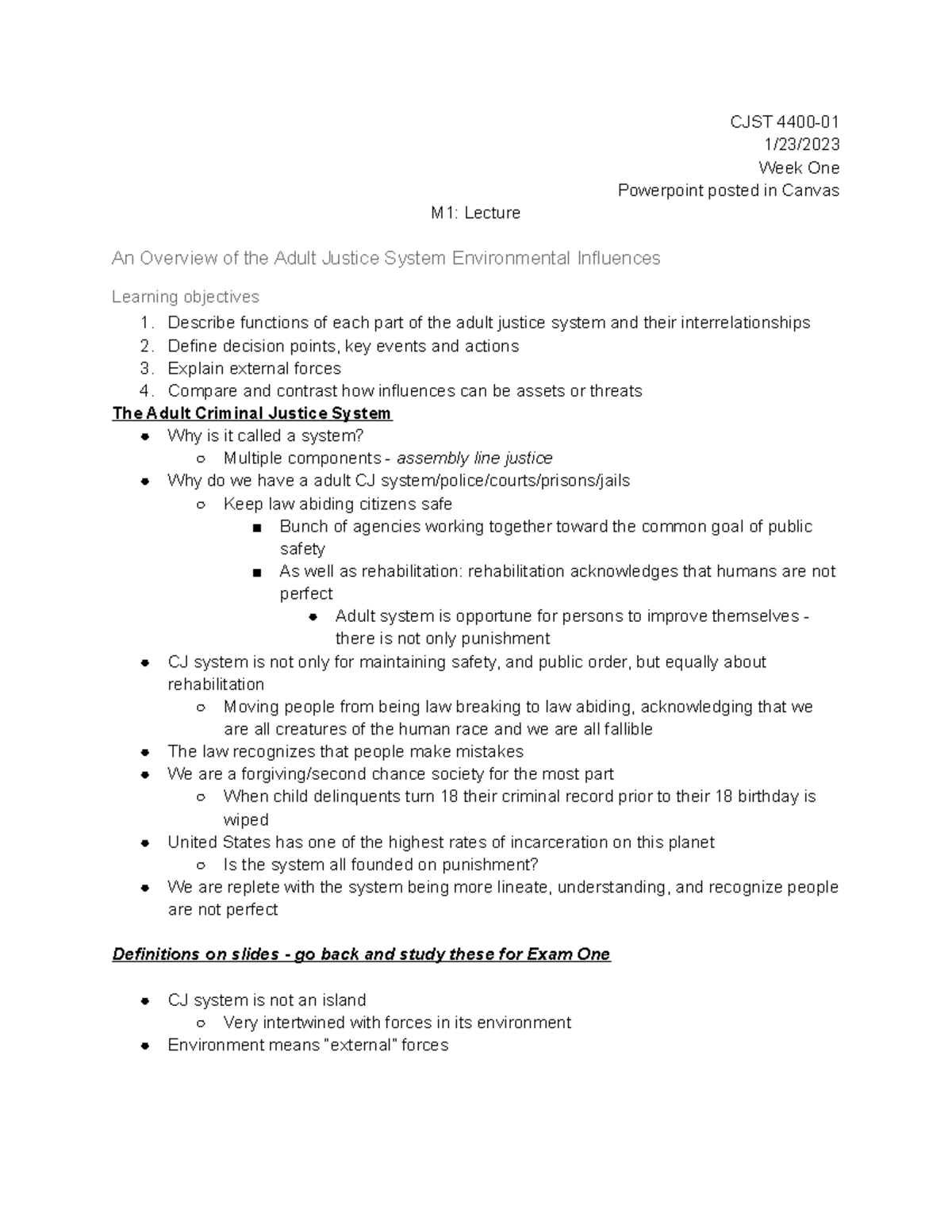 Week 2 Overview of the Adult Justice System 1 23 - CJST 4400- 1/23 ...