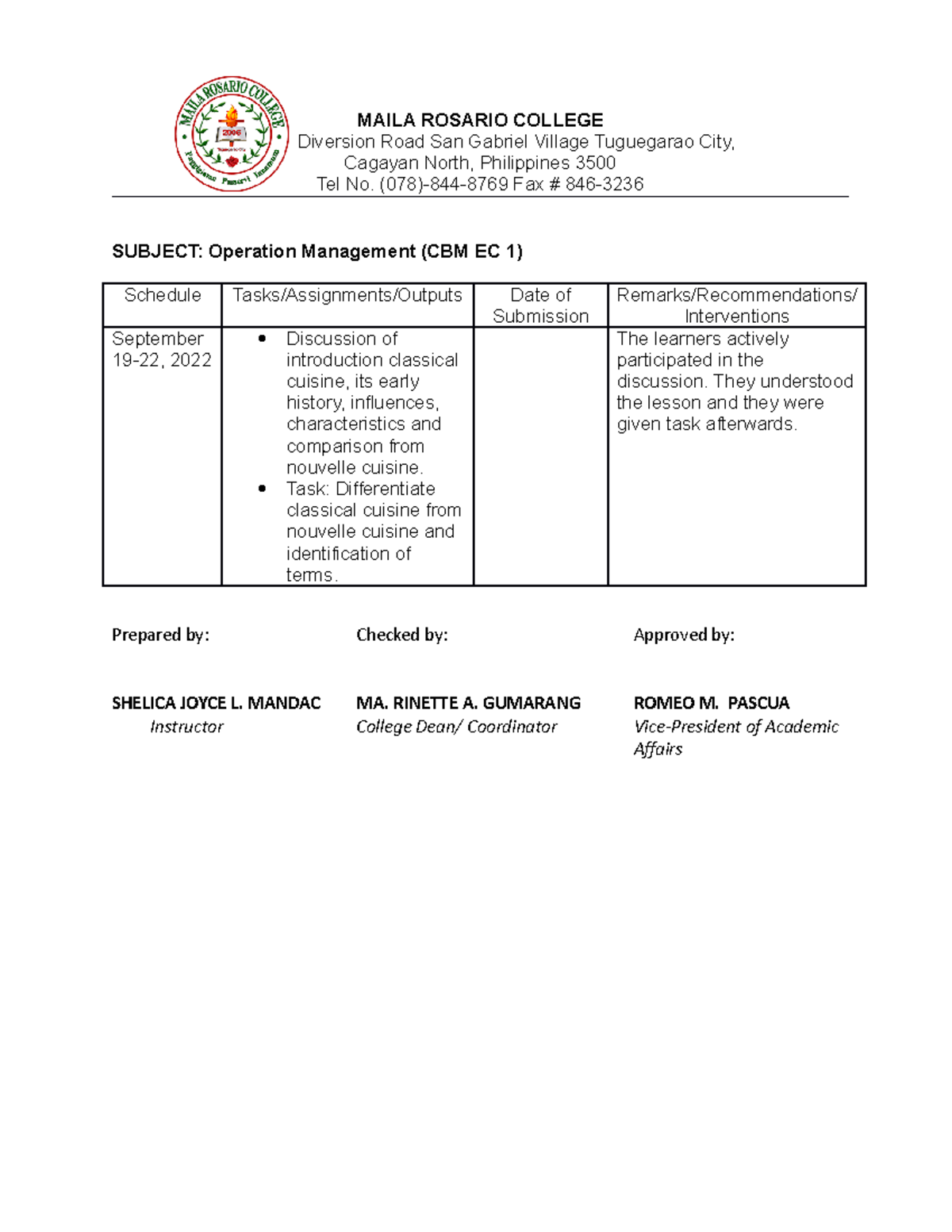 Weekly Report FOR Operation Management - MAILA ROSARIO COLLEGE ...
