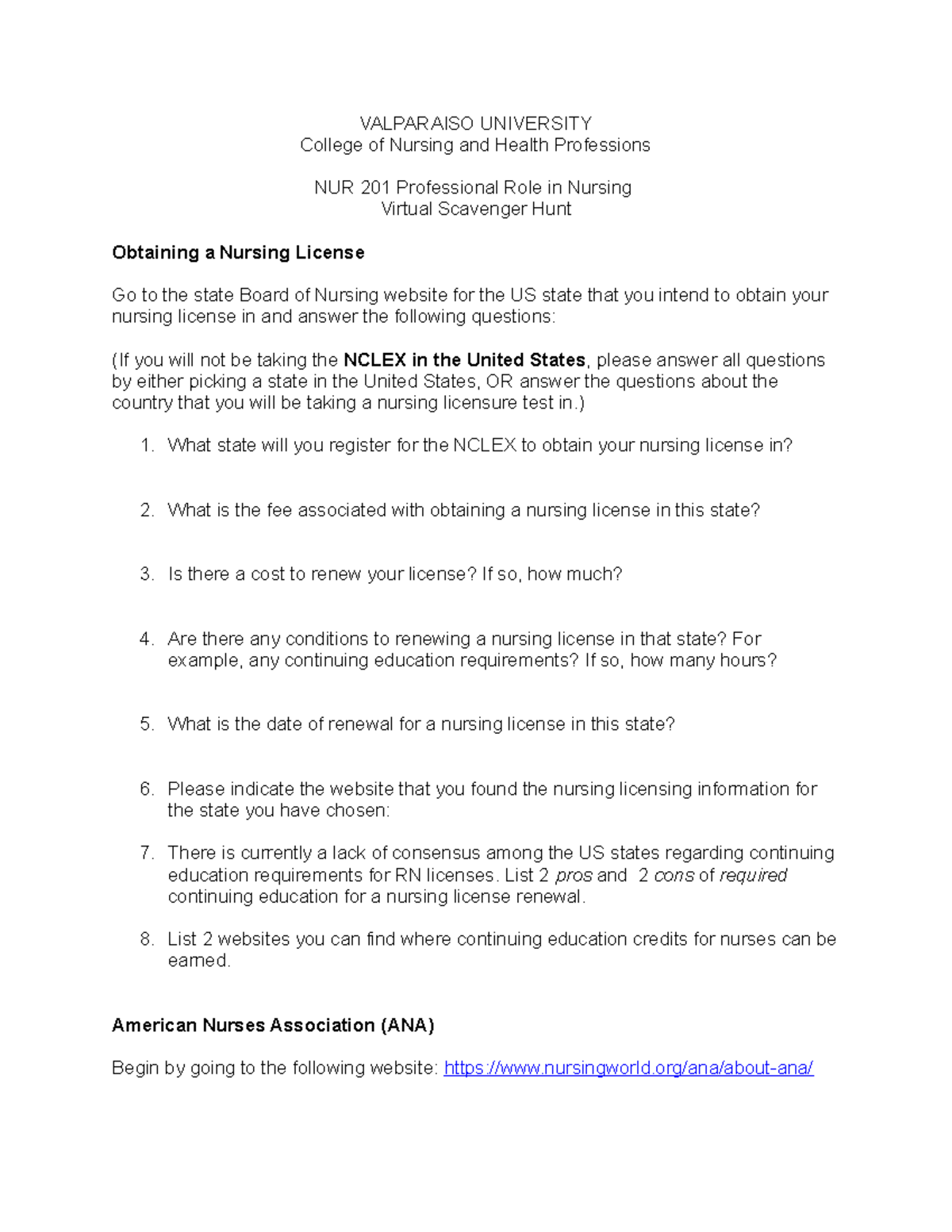 NUR 201 Virtual Scavenger Hunt - VALPARAISO UNIVERSITY College of ...