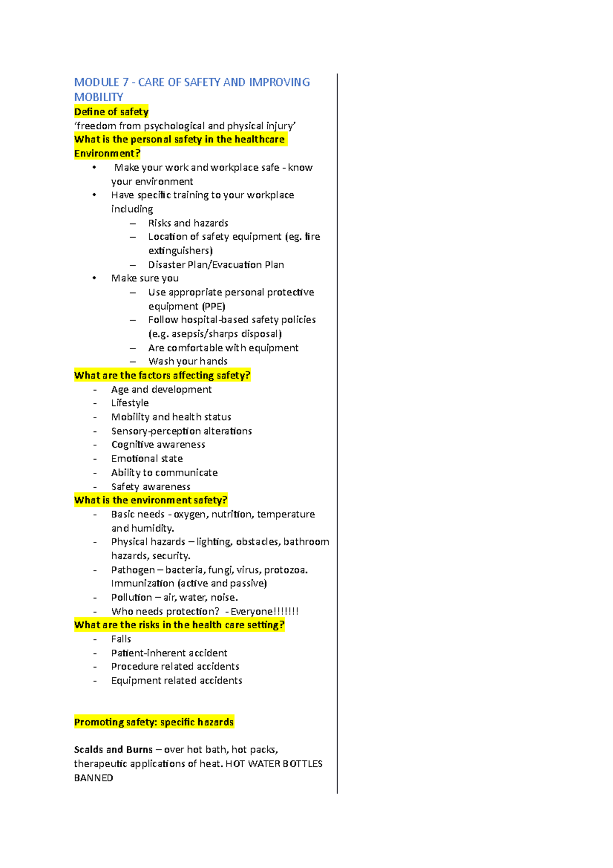 Module 7 - Lecture notes week 7 - MODULE 7 - CARE OF SAFETY AND ...