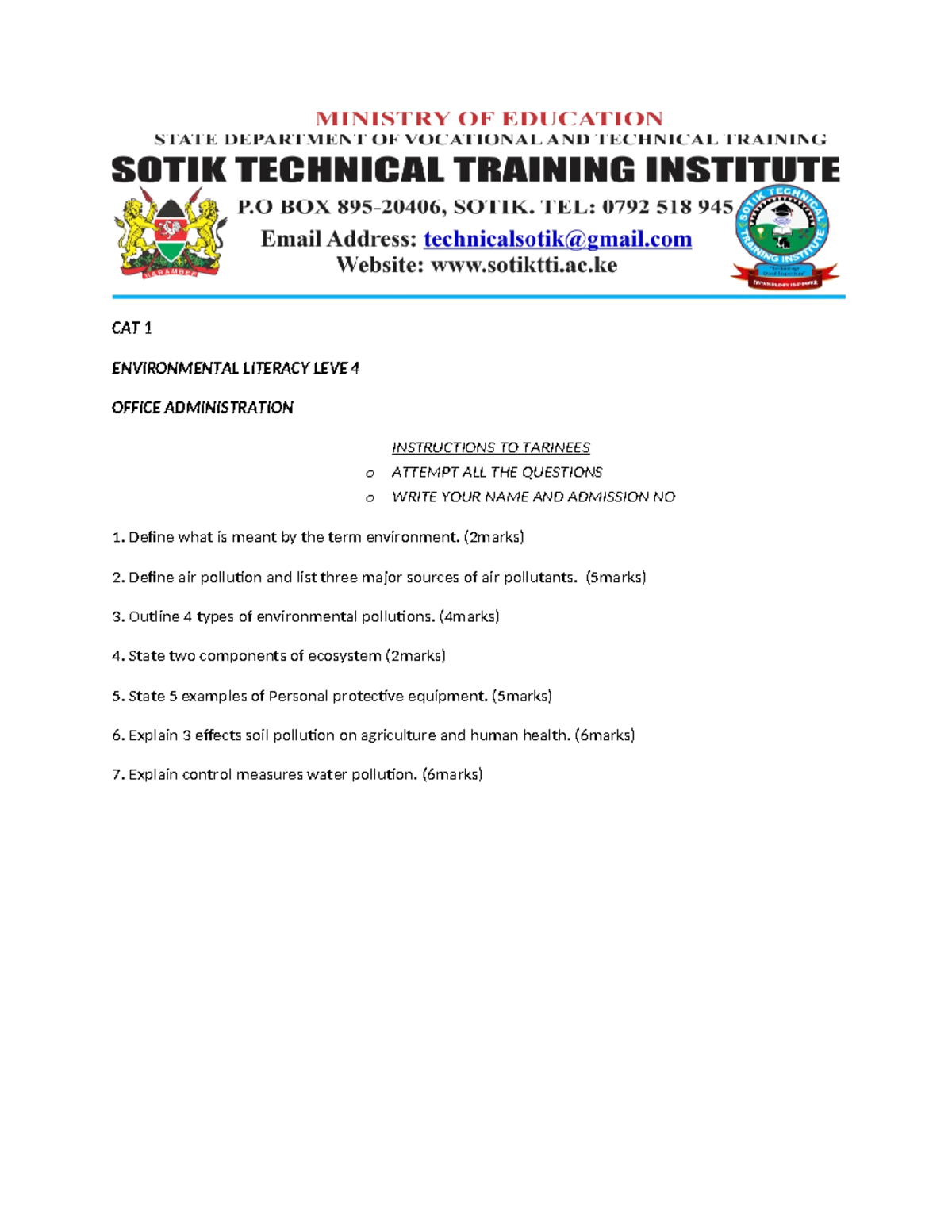 CAT envt lit final - notes - CAT 1 ENVIRONMENTAL LITERACY LEVE 4 OFFICE ...