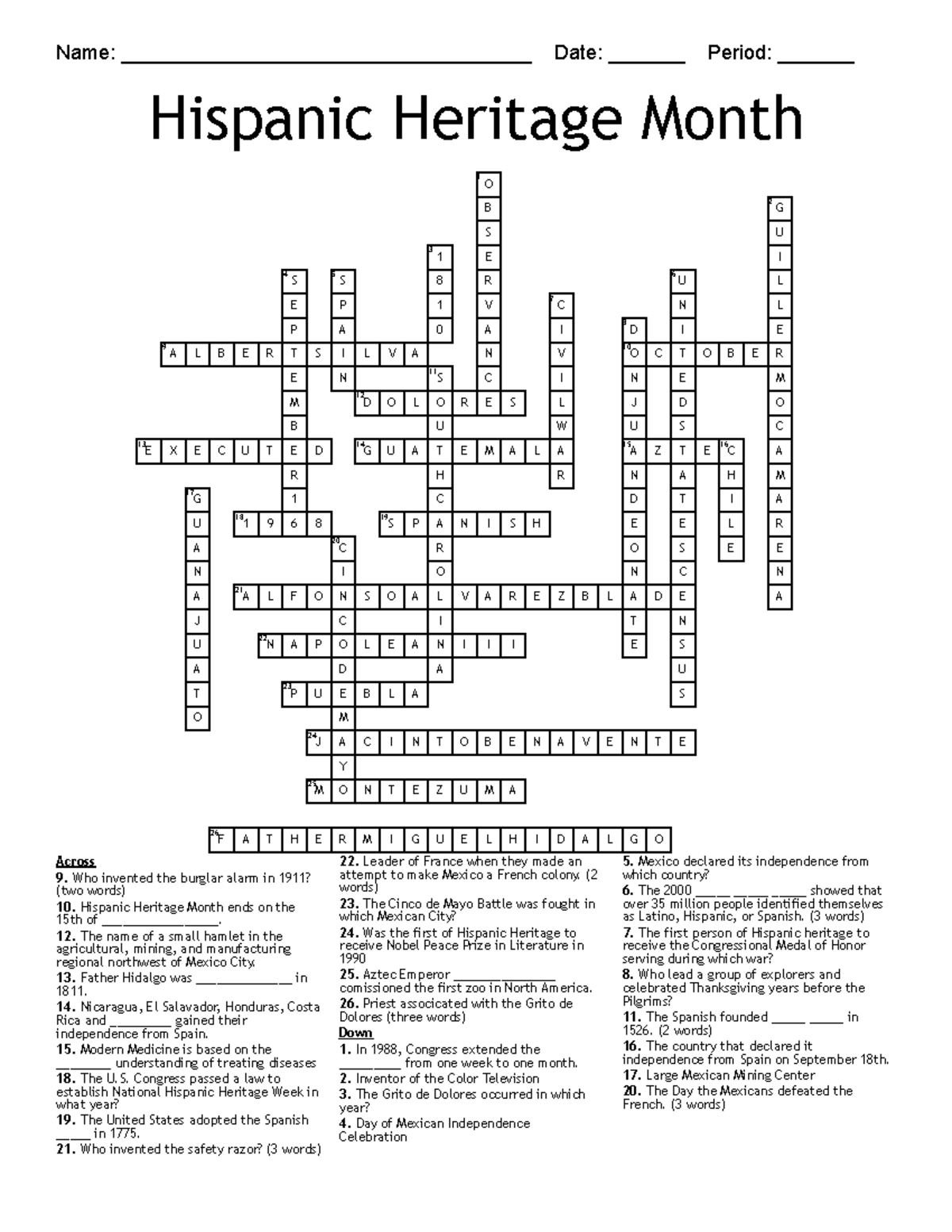 Hispanic Heritage Month answer key 16ef90 616316 b7 - Name