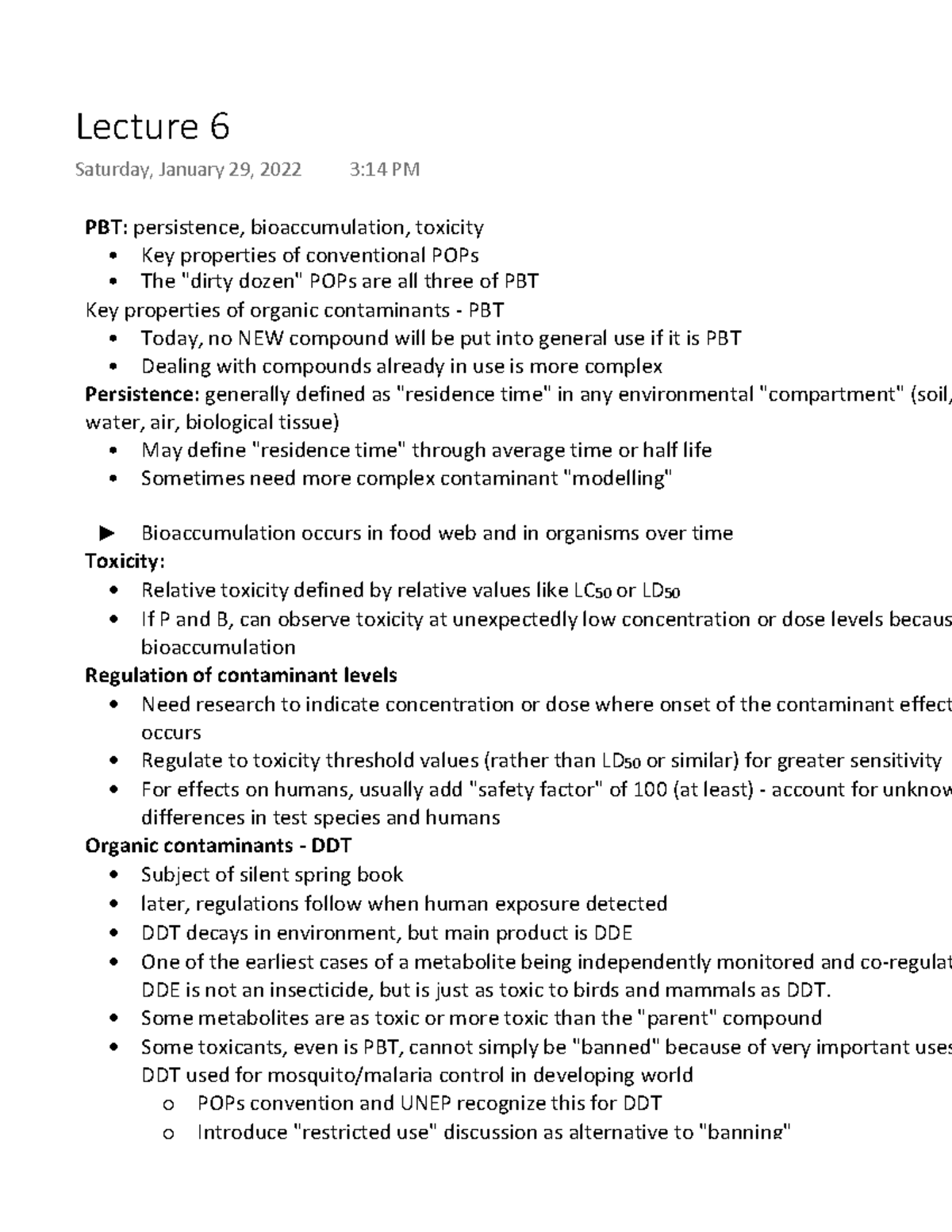 Lecture 6 - PBT: persistence, bioaccumulation, toxicity - Key ...