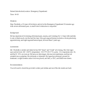 SBAR SC - VSIM SBAR - Patient IntroductionLocation: Emergency ...