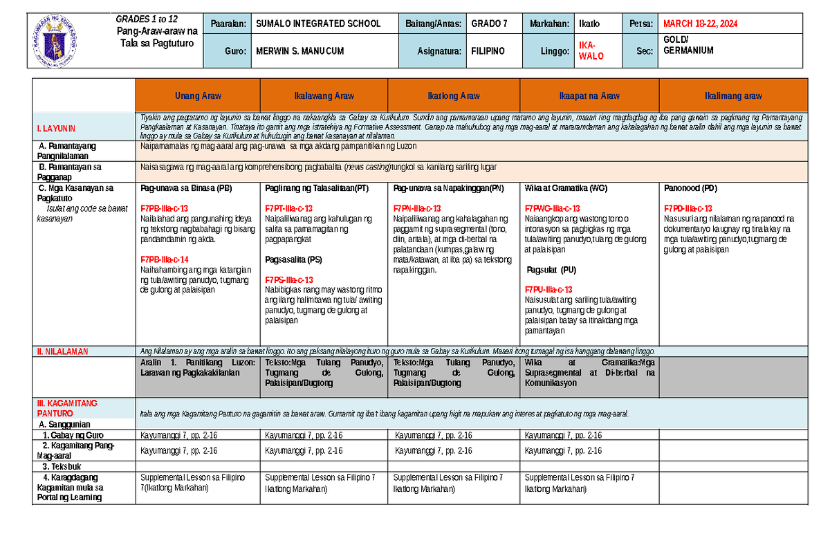 DLL FIL7 3Q 8W - Daily Lesson Plan - Unang Araw Ikalawang Araw Ikatlong Araw Ikaapat na Araw ...