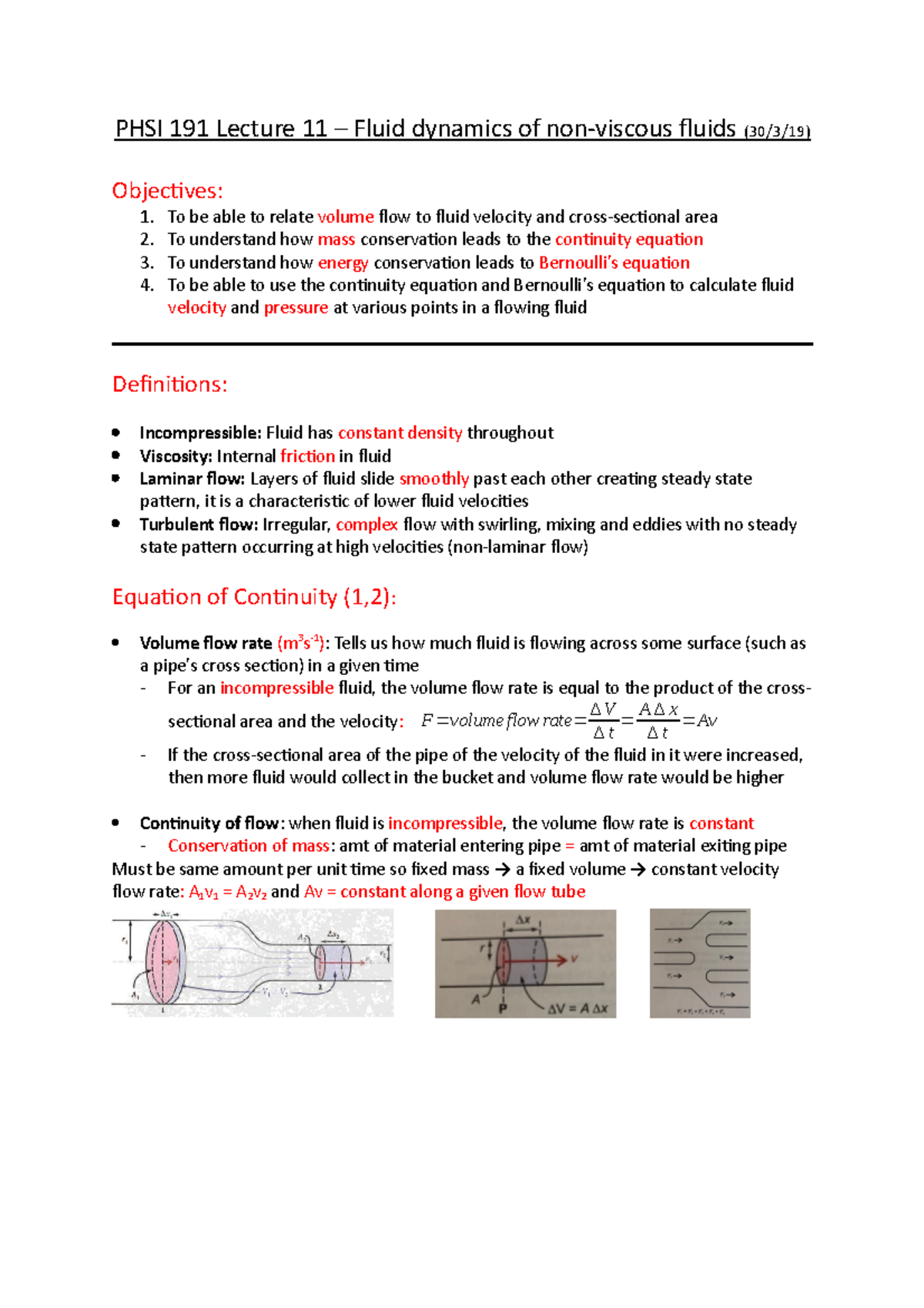 PHSI 191 Lecture 11 - PHSI191 - PHSI 191 Lecture 11 – Fluid dynamics of non-viscous fluids (30/3 ...