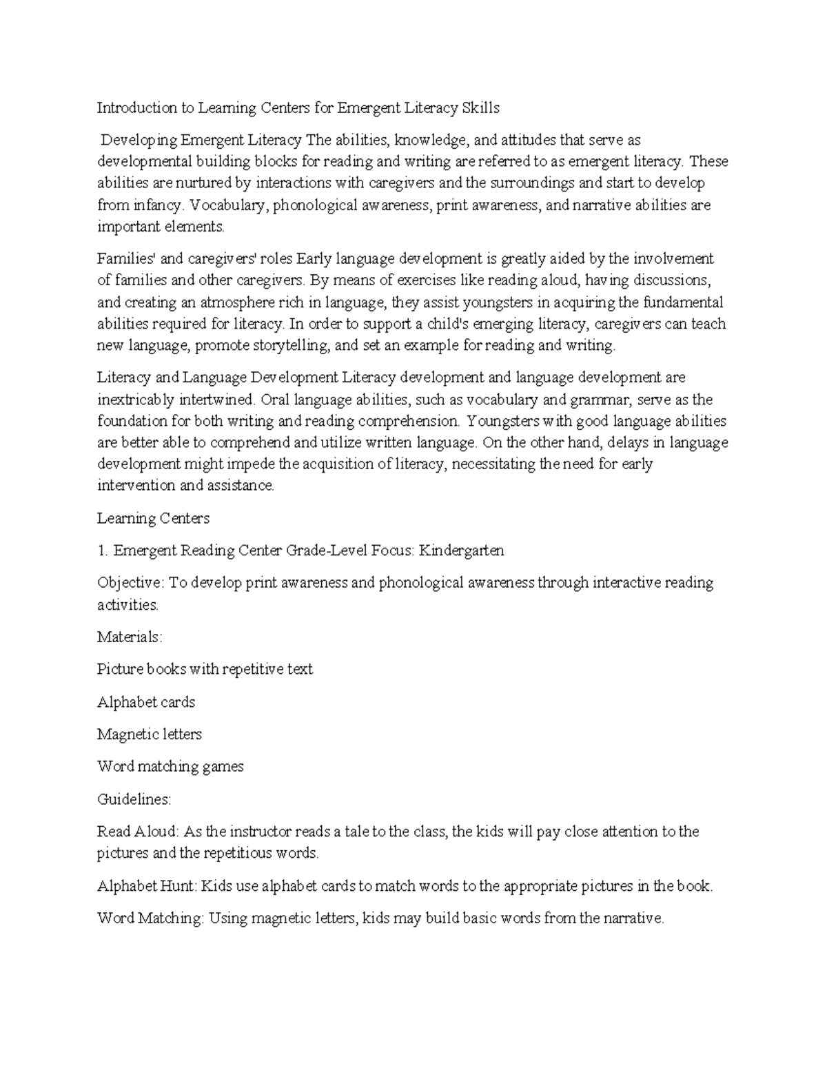 Emergent learning centers - Introduction to Learning Centers for ...