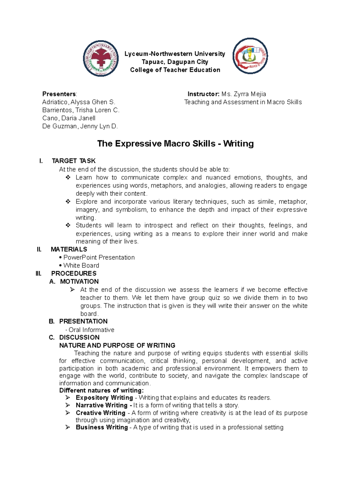 Written- Report-The-Expressive-Macro-Skills-Writing - Lyceum ...