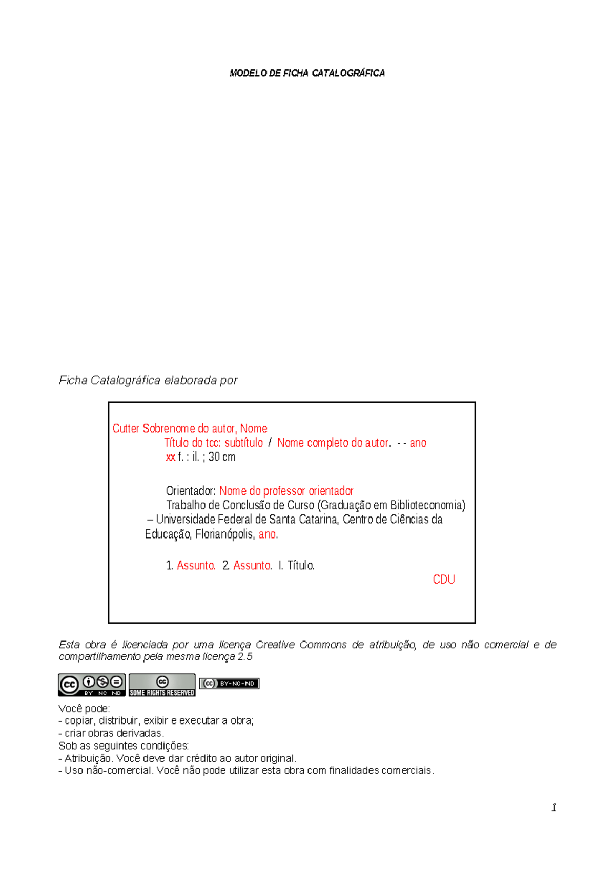 Modelo de Ficha Catalográfica - MODELO DE FICHA CATALOGRÁFICA Ficha ...