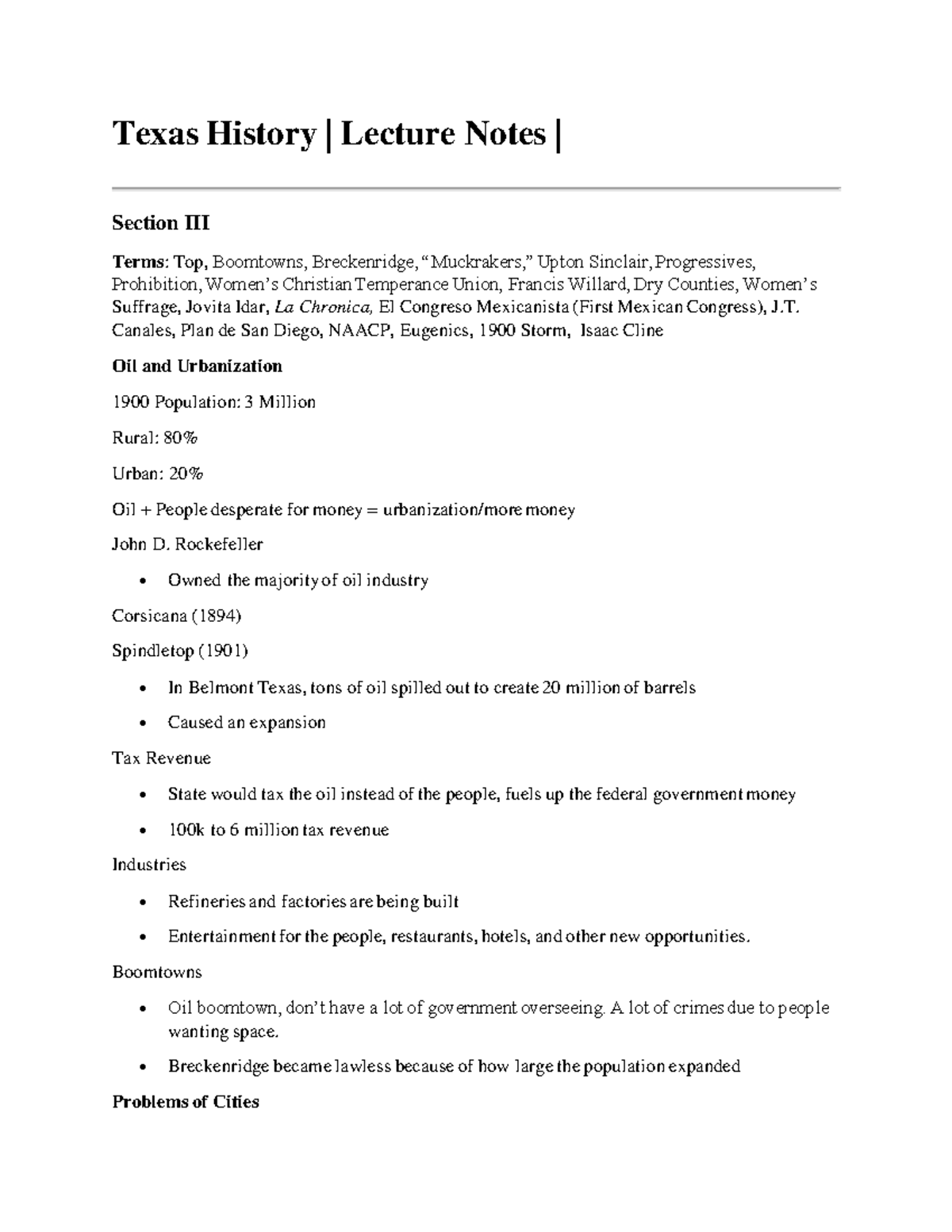 HIST-2301 Notes 17 - Texas History | Lecture Notes | Section III Terms ...