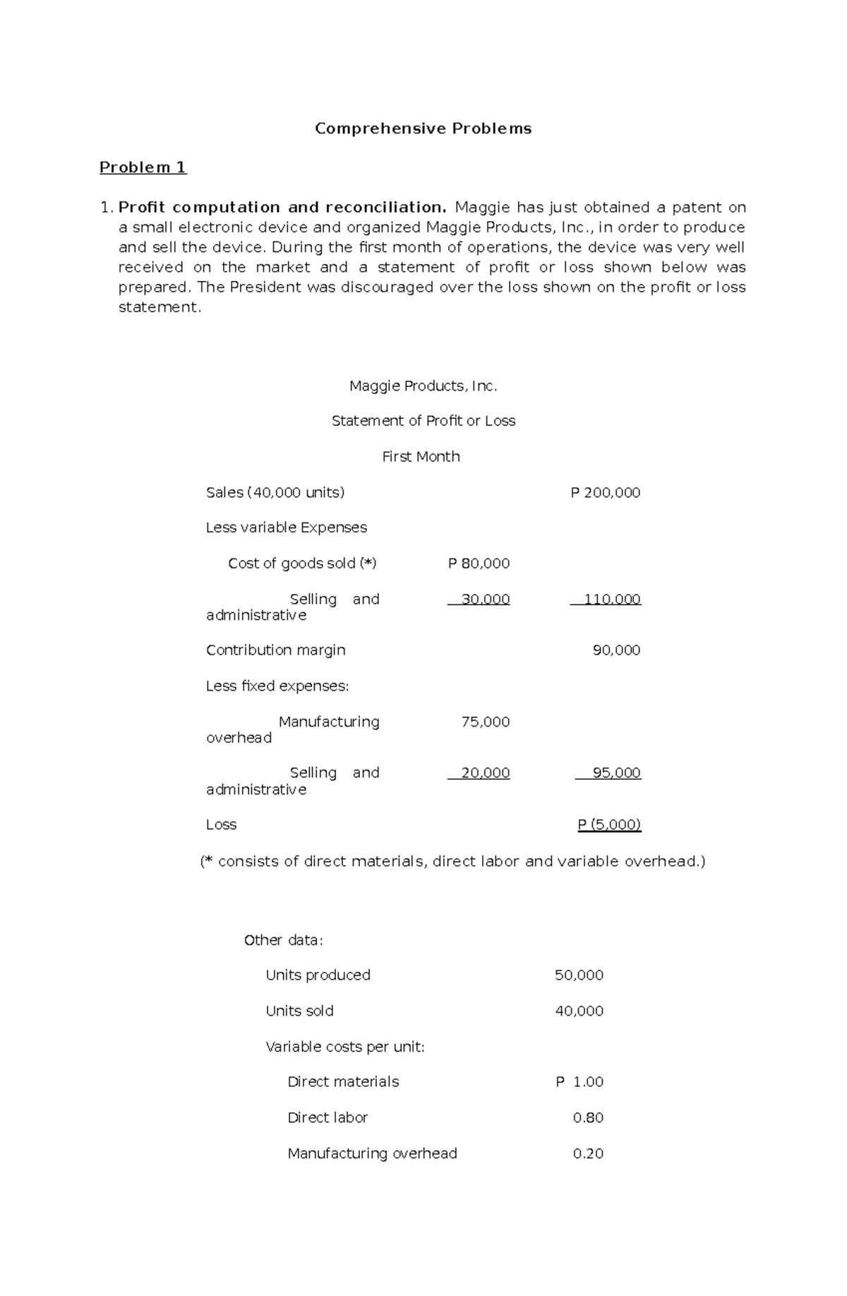 Exercise Variable Costing Comprehensive Problems Problem 1 Profit
