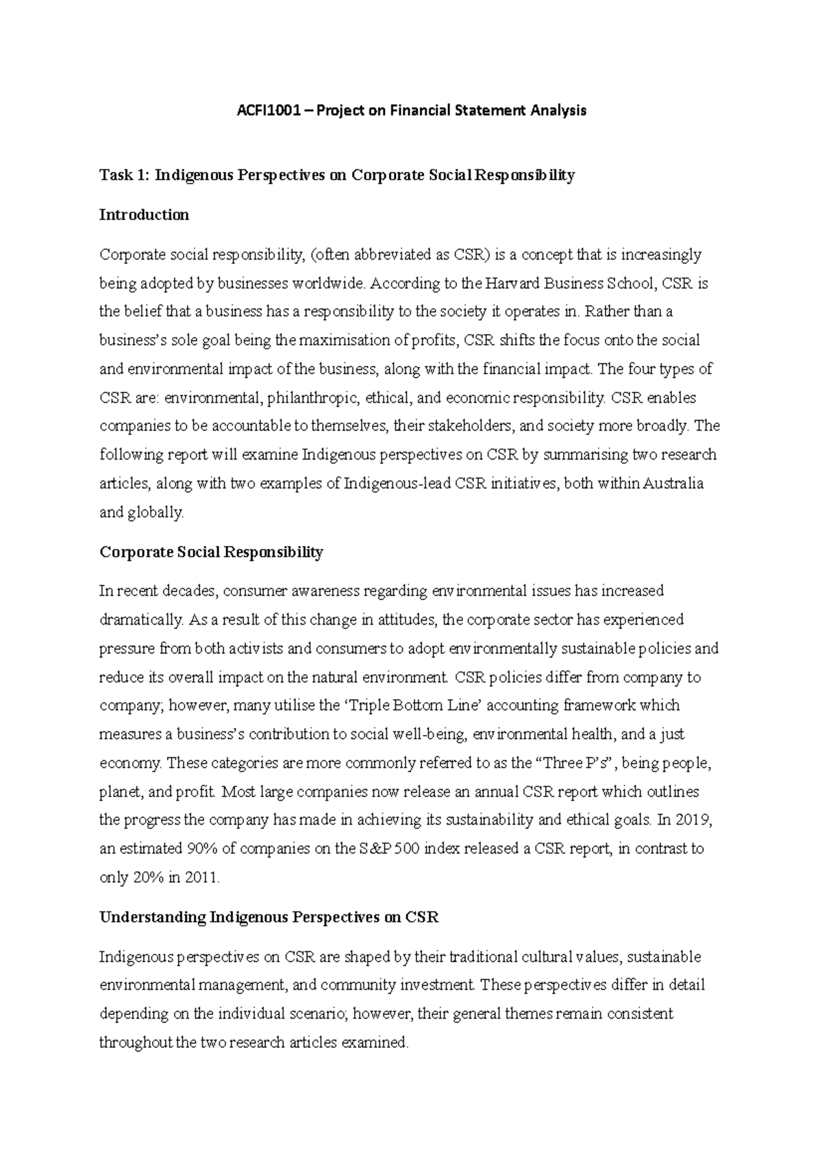 Introduction to Accounting Project - ACFI1001 – Project on Financial ...