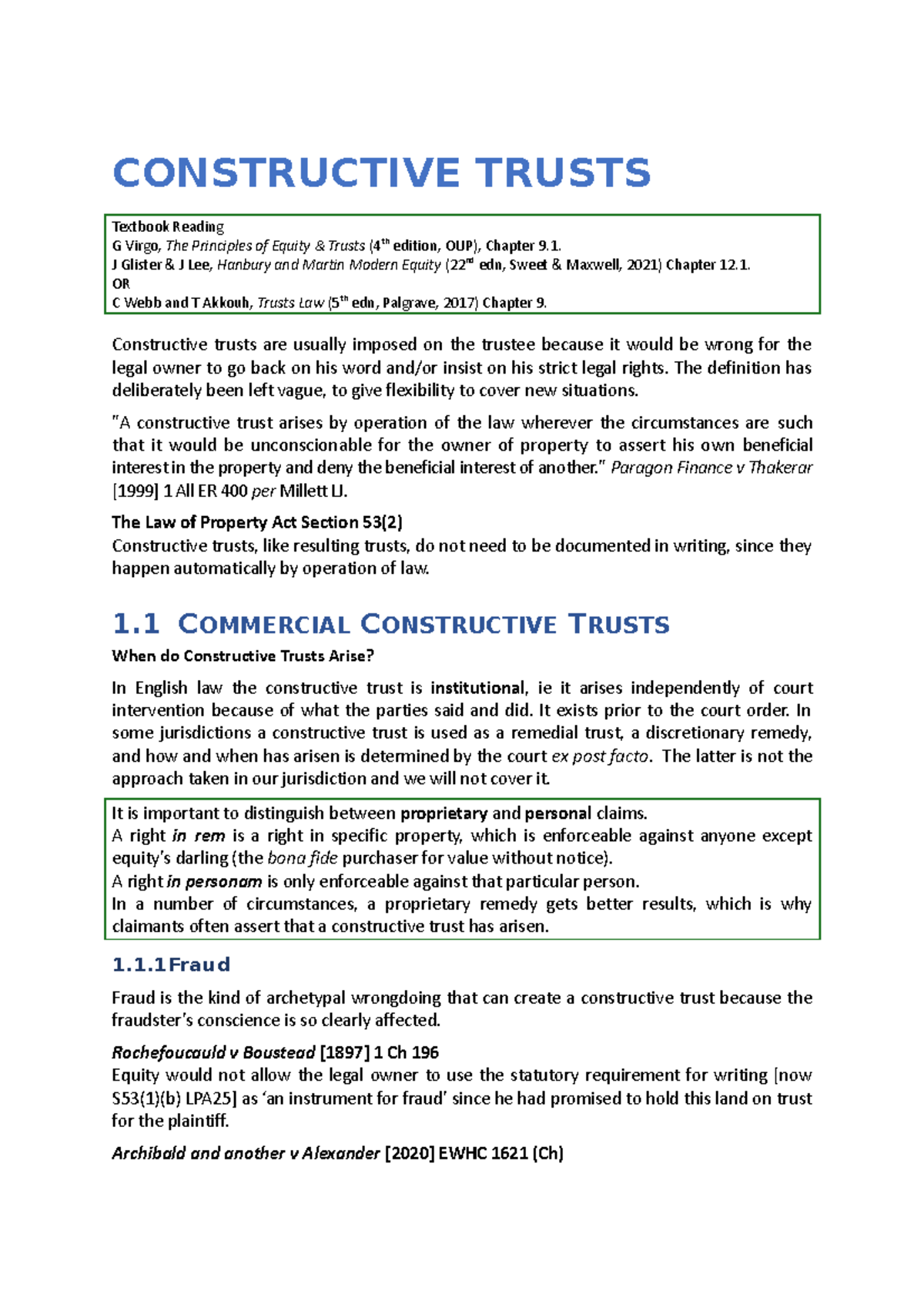 Equity lectu2023 - CONSTRUCTIVE TRUSTS Textbook Reading G Virgo, The Principles of Equity ...