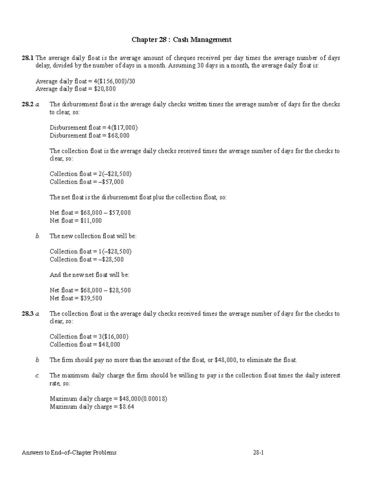 Ross CF 7Ce Chapter 28 SM final - Chapter 28 : Cash Management 28 The ...