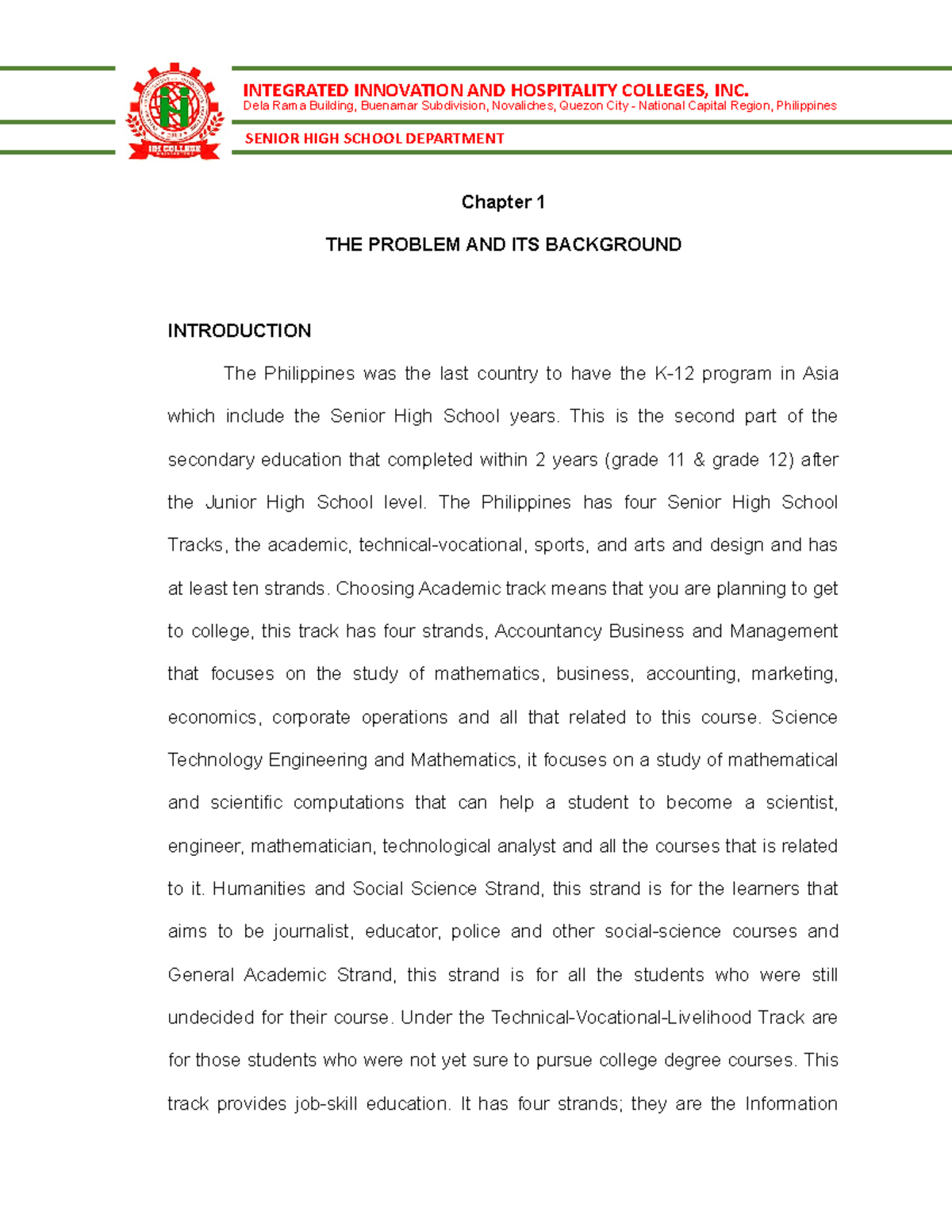 PR-1 CHAP1 - PR1 Example - SENIOR HIGH SCHOOL DEPARTMENT Chapter 1 THE ...