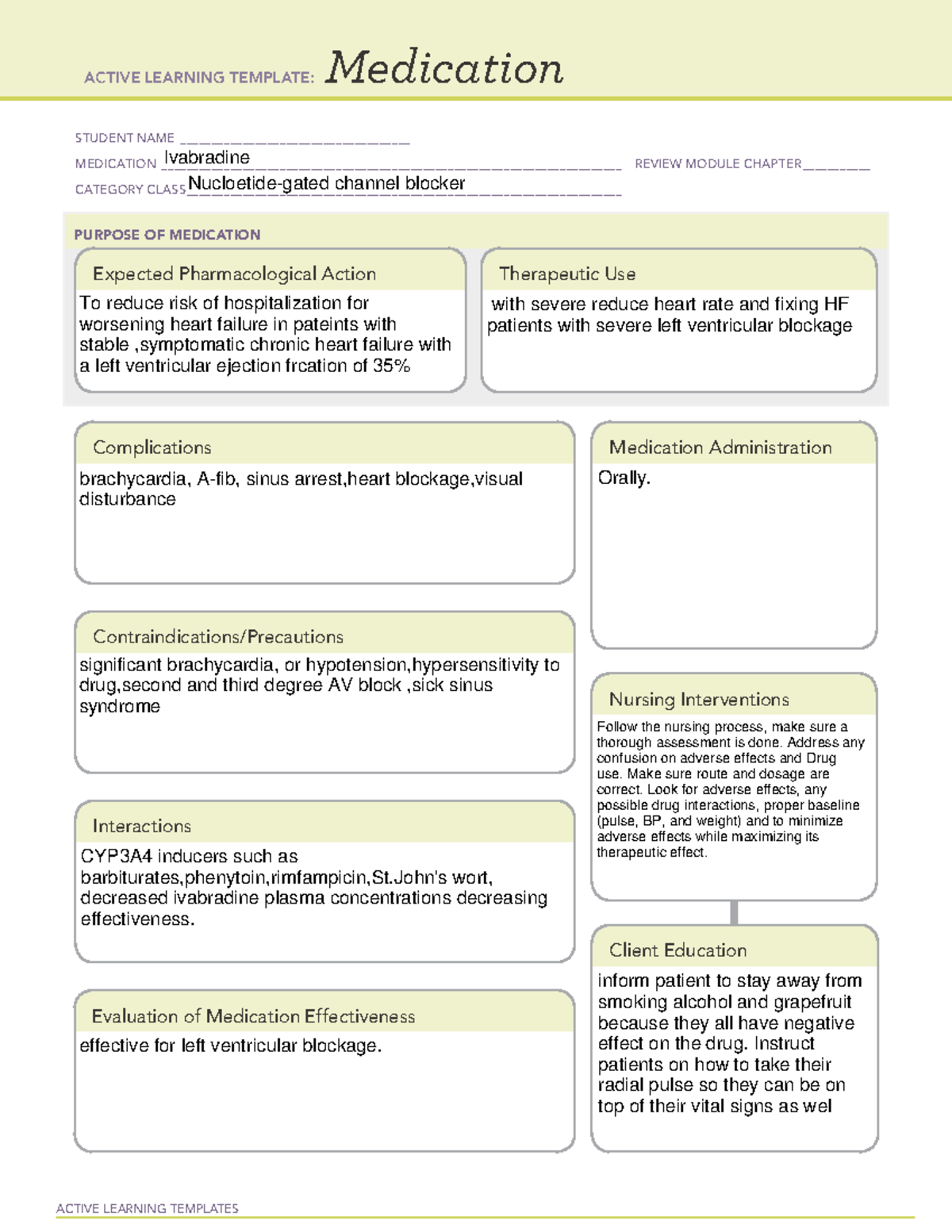Ivabradine - MEDICATION - ACTIVE LEARNING TEMPLATES Medication STUDENT ...