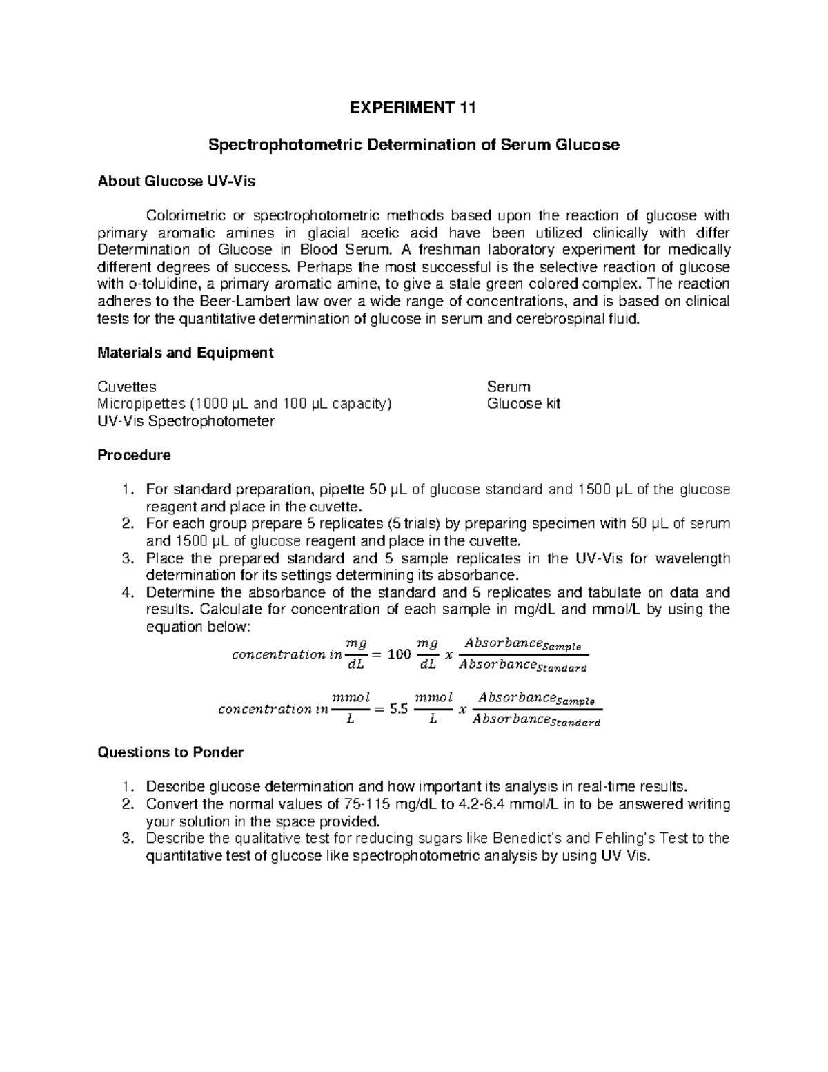 Piedad Anachemlab GLUC Uvvis EXPT11 - EXPERIMENT 11 Spectrophotometric Determination of Serum ...