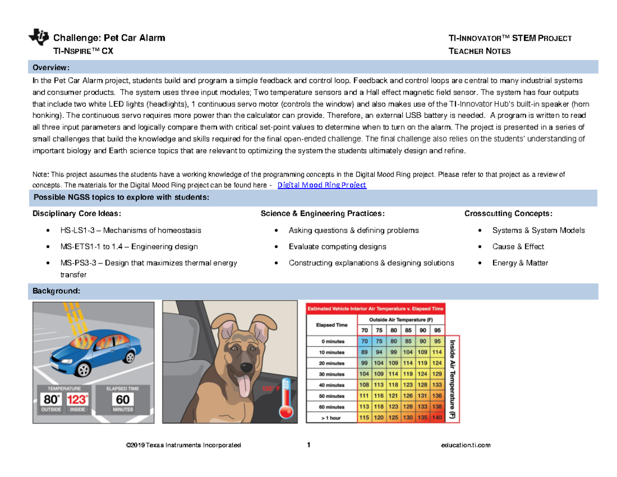 Pet Car Alarm Python - TI-NSPIRE™ CX TEACHER NOTES Overview: In the Pet ...