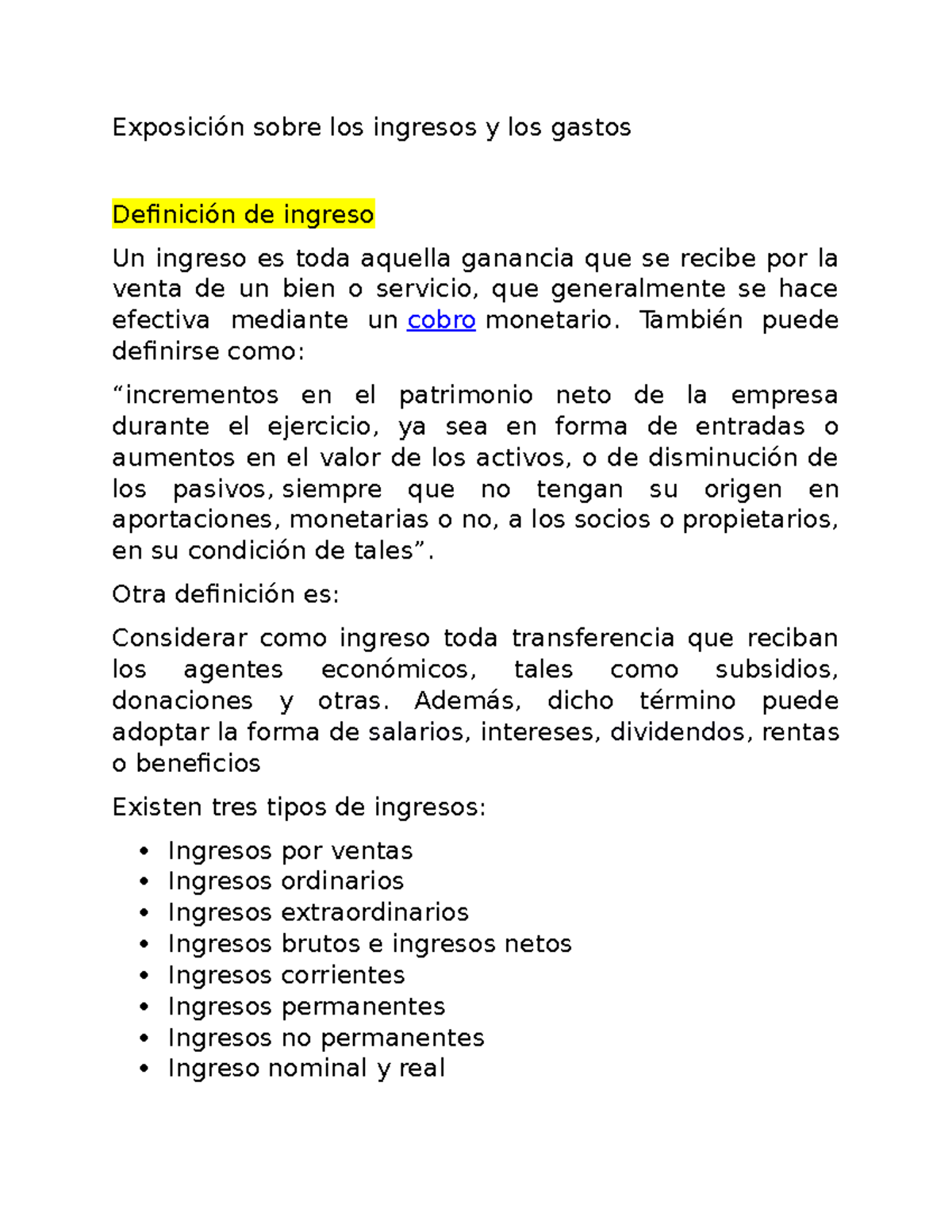 Exposición sobre los ingresos y los gastos - Exposición sobre los ...