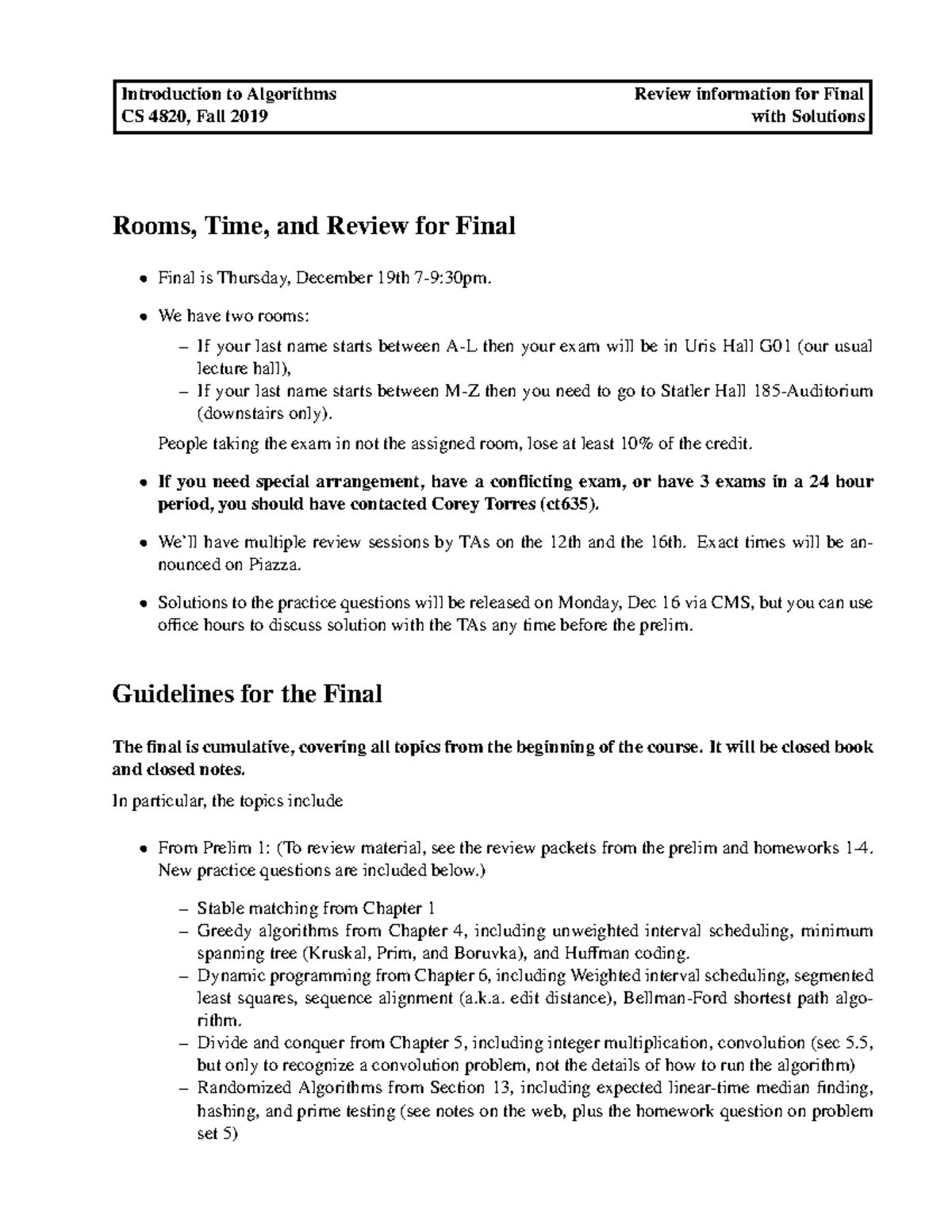 Cs 4820 Final Review With Solution Introduction To Algorithms Review Information For Final Cs